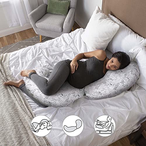 Boppy Total Body Pregnancy Pillow with Removable, Breathable Pillow Cover | Gray Scattered Leaves | Plush Full-Body Support | Prenatal and Postnatal Positioning