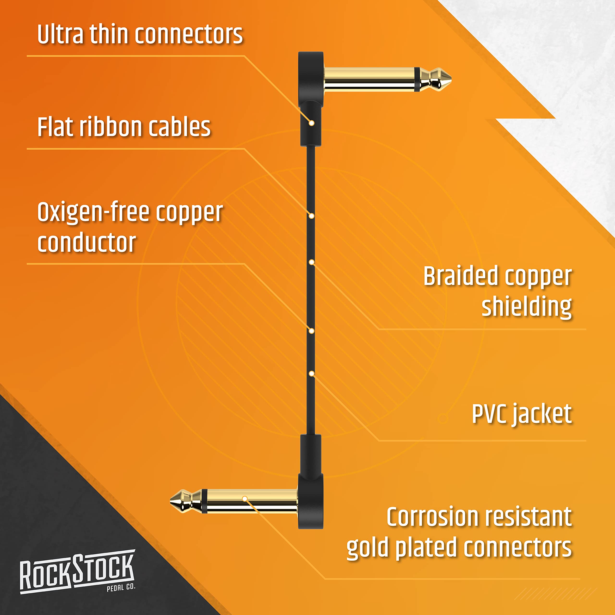 Rock Stock Guitar Flat Patch Cables (Pack of 3) - 12 Inch S-Shape Ultra-Thin Effect Guitar Pedal Patch Cables - Right-Angle, Black with Durable Gold Plated Connectors, Maximize Pedalboard Space