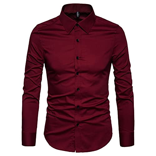LOCALMODE Mens Casual Plain Button Down Easy Care Cotton Dress Shirts Slim Fit Business Long Sleeve Formal Shirts Wine Red Medium