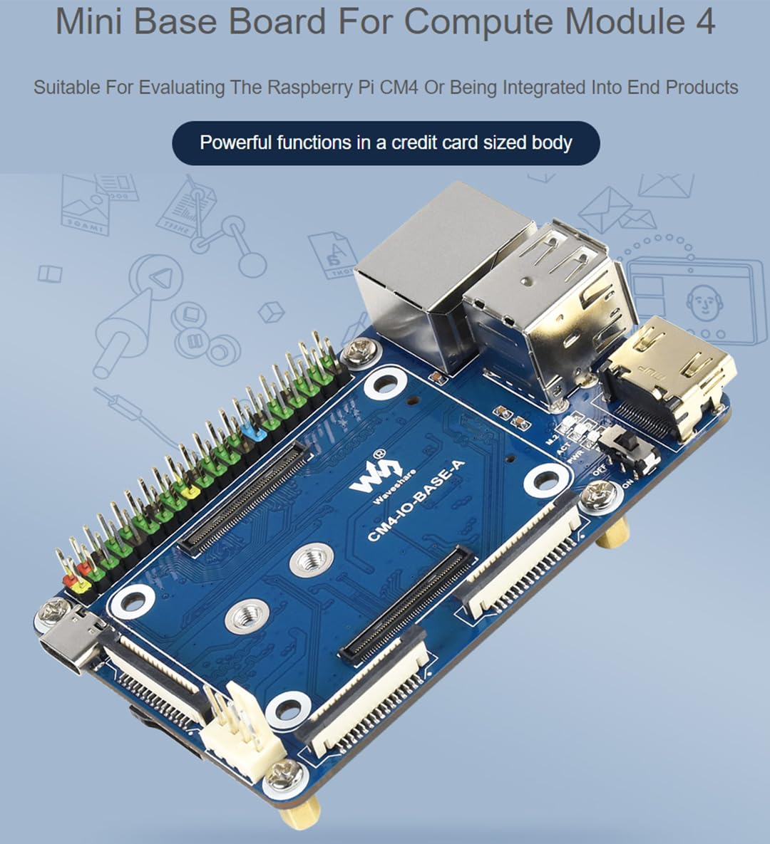 for Raspberry Pi Compute Module 4,Mini Base Board (A) with Standard CM4 Socket and Raspberry Pi 40PIN GPIO Header Onboard Multiple Connectors CSI/DSI/FAN/HDMI/USB/RJ45, etc.