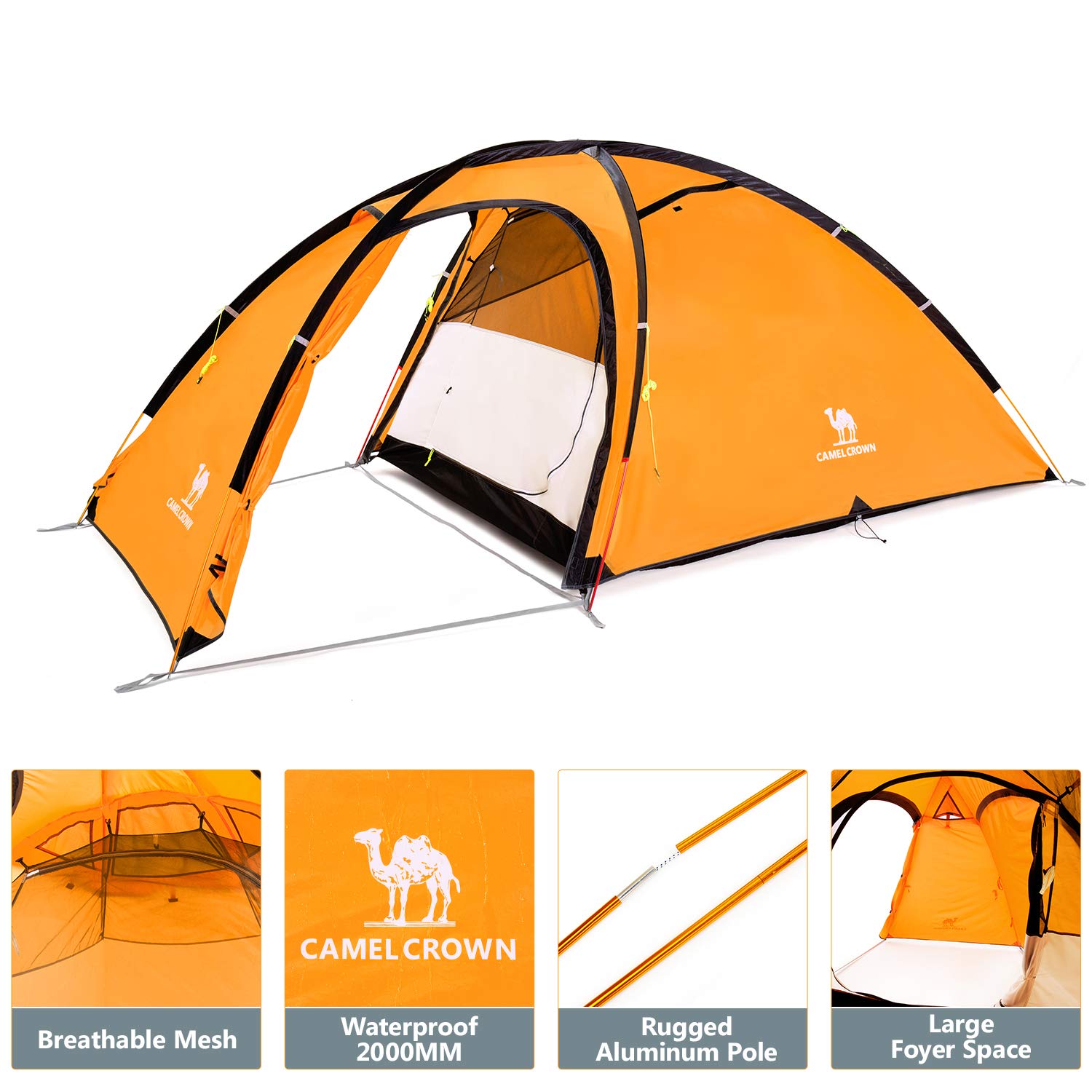 CAMEL CROWN 2-Person-Camping-Tents, Waterproof Windproof Tent with Front Hall, Aluminum Pole, Easy Set Up, Portable with Carry Bag, for All Seasons