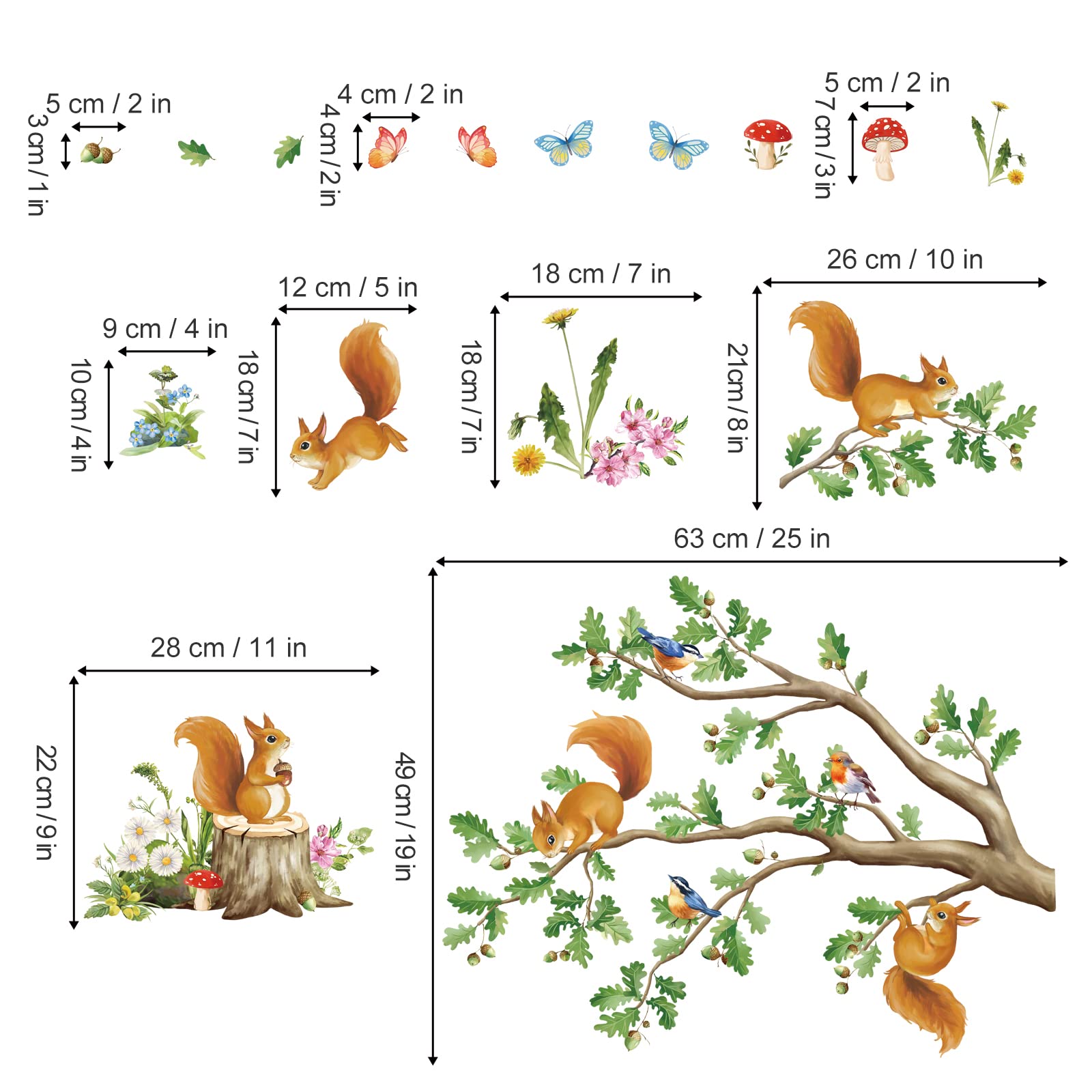 decalmile Woodland Animals Wall Decals Bundle with Squirrels on Branch Wall Stickers Baby Nursery Kids Bedroom Daycare Wall Decor