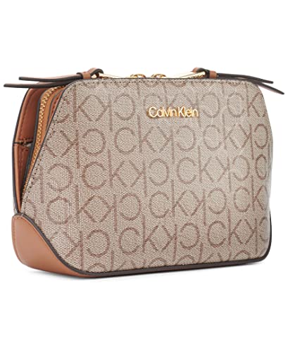 Calvin Klein Lucy Triple Compartment Crossbody, Almond/Taupe/Caramel Embossed