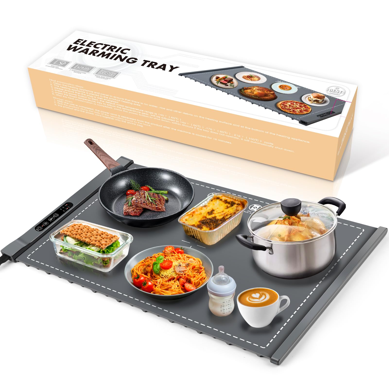 Electric Warming Tray, Warming Mat for Food,Portable Premium Silicone Electric Heating Tray with Auto Shut-Off and Lock for Parties Buffet