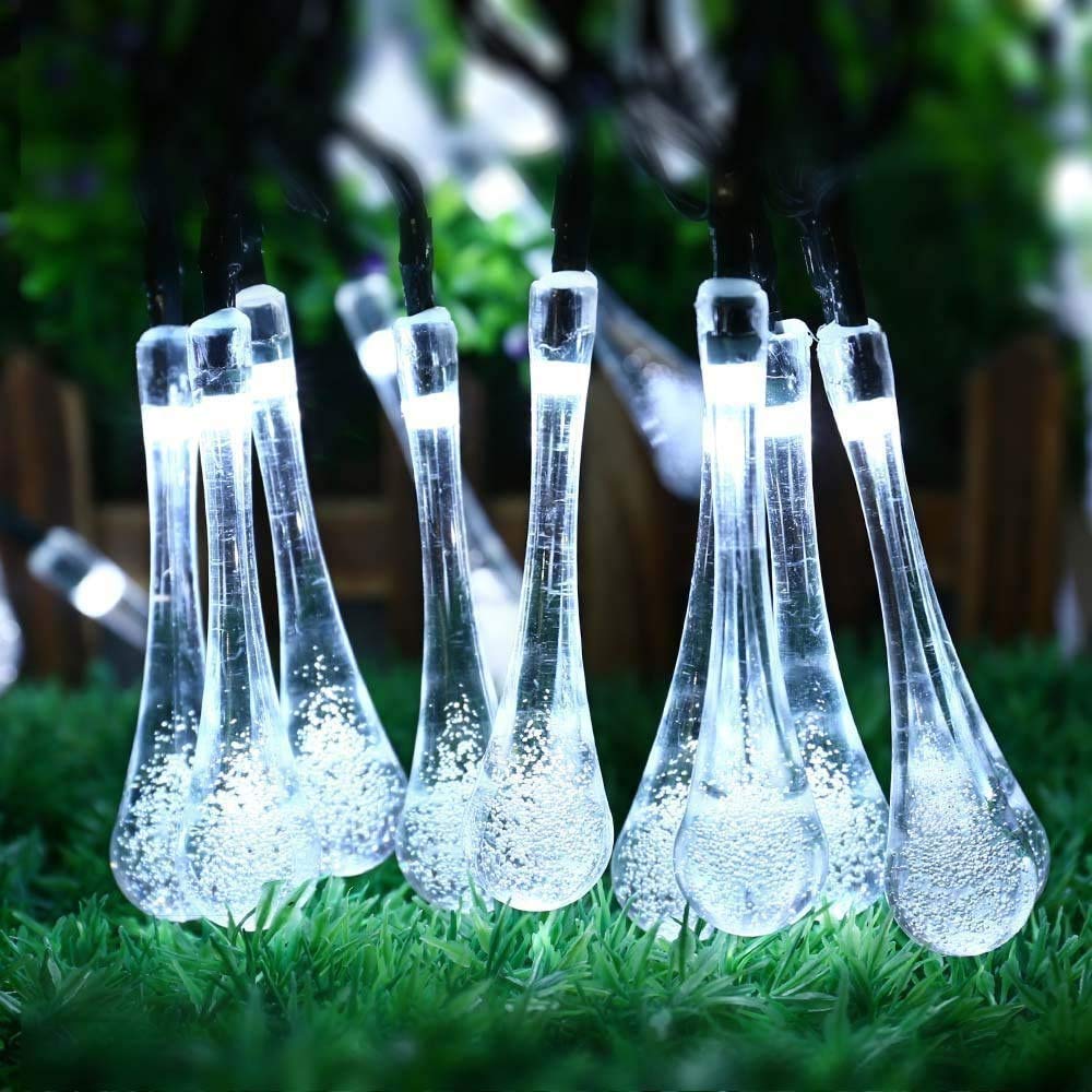 iShabao Solar String Lights, 50 LED Advanced Water Drop Solar Fairy String Lights Outdoor Waterproof, 8 Modes Solar Lights for Patio, Lawn, Home, Garden, Wedding, Party Decorations (White)