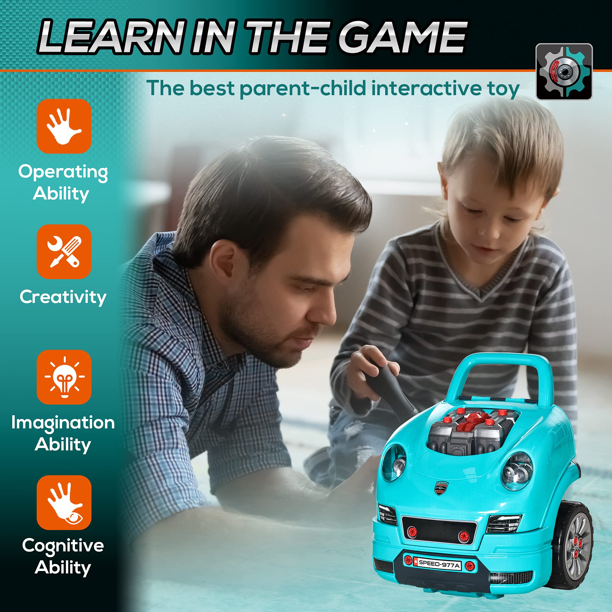 Qaba Kids Truck Engine Toy, Kids Mechanic Car Repair Set, Engine Disassembly Play Workshop, Includes 61 Pieces, Steering Wheel, Horn, Light for 3-5 Years Old, Teal
