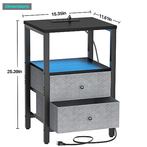 Cyclysio Night Stands Set of 2 with Charging Station, Night Stand with LED Lights, 25.6'' End Table Bedside Tables with 2 Drawers, 3 Tier Tall Night Stand with Storage for Bedroom Living Room, Black