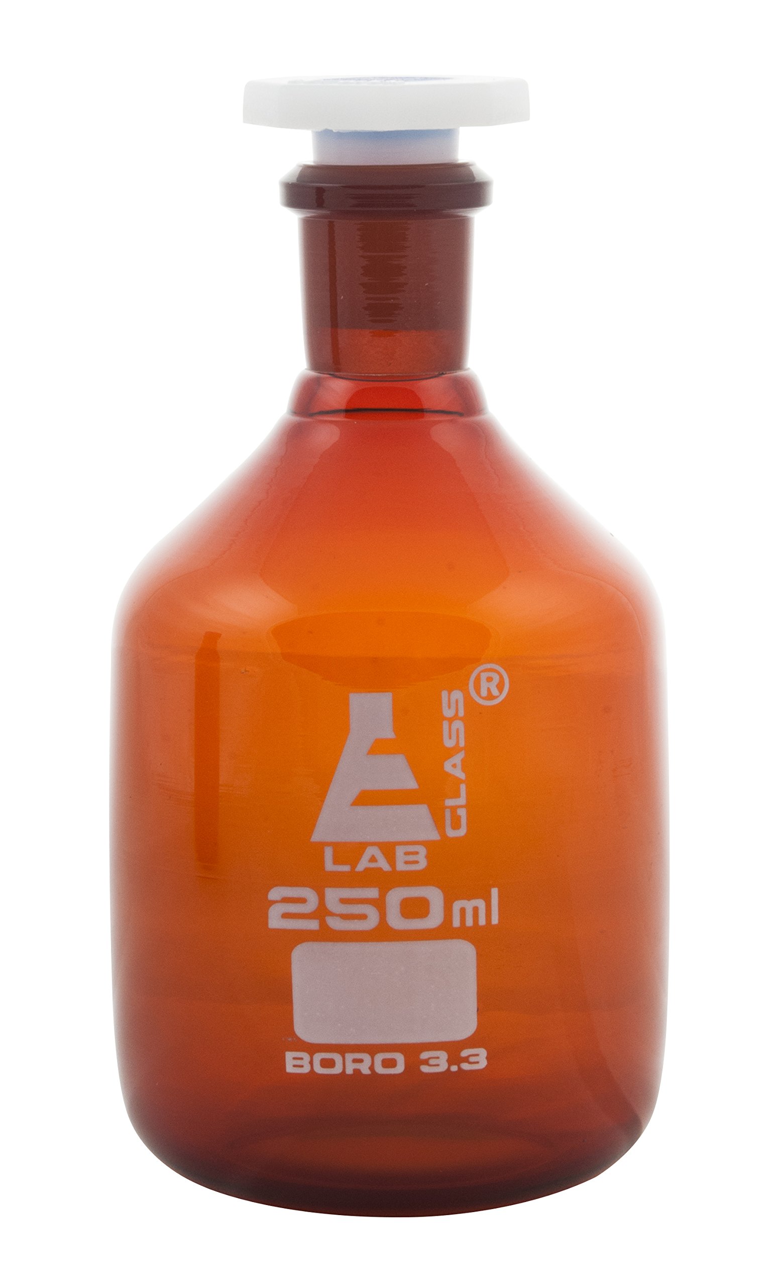 EISCO Labs 250ml Amber Reagent Bottle, Narrow Mouth with Acid Proof Polypropylene stopper, socket size 19/26
