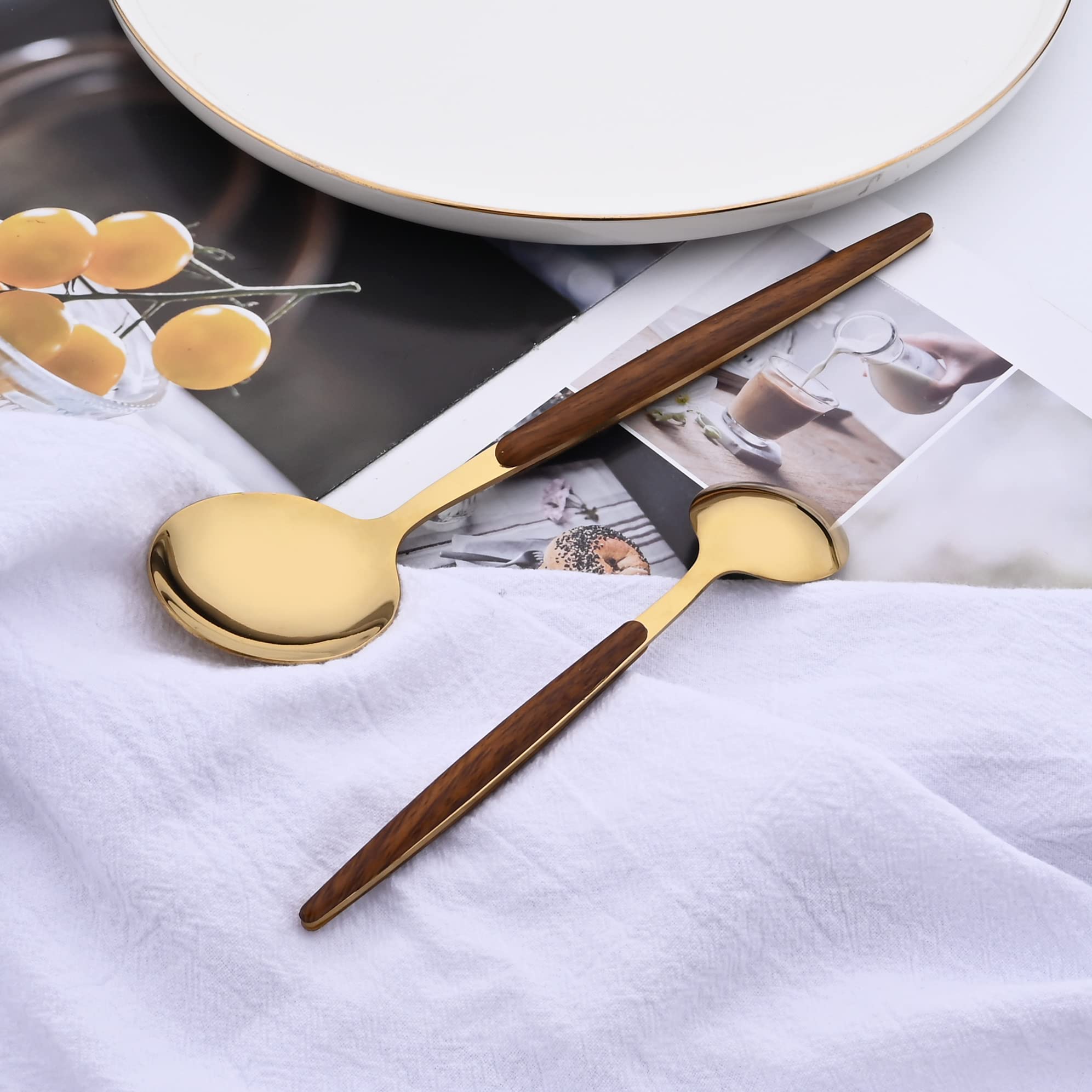 Uniturcky 24-Piece Silverware Set for 6, Silver Mirror Polished Stainless Steel Flatware Set, Wooden Effect Handle Utensil Set for Home Hotel Restaurant, Family Cutlery Set Include Knife Fork Spoon