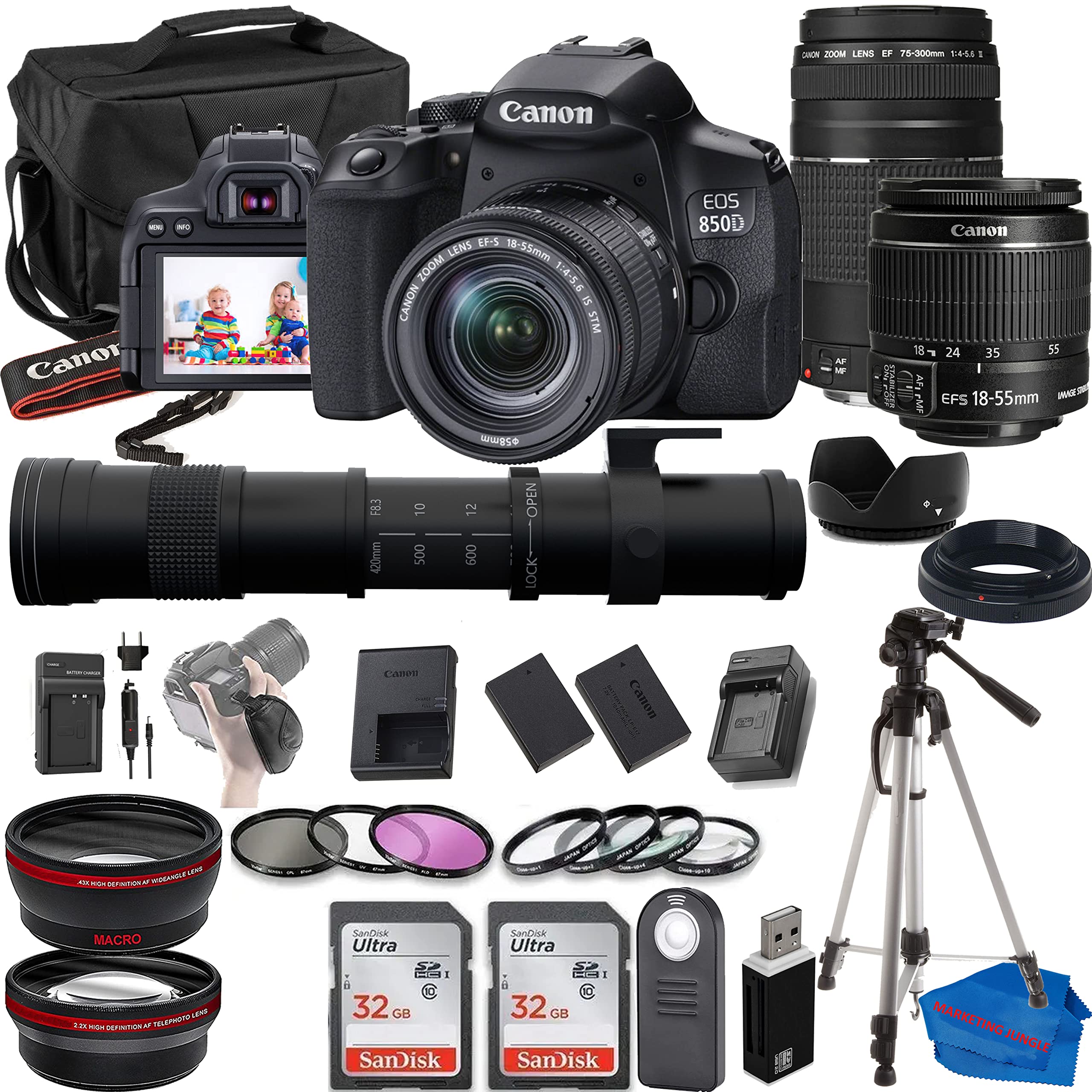 Canon EOS 850D DSLR Camera Bundle with 18-55 & 75-300mm STM Lens, Tripod, 64GB Memory Card, Battery, Carry Case, Filters, and Accessories