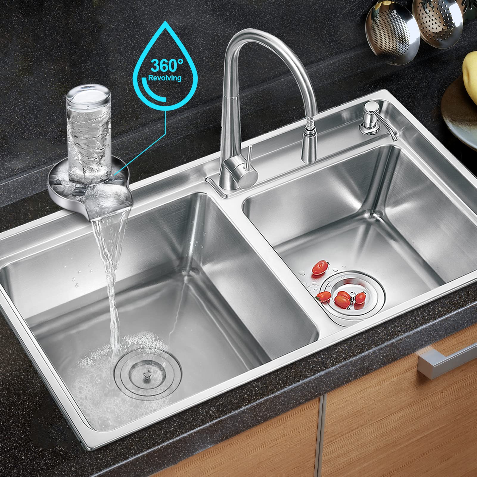 Glass Rinser, Ranol cup washer for sink with metal base, Stainless steel glass rinser for kitchen sink, Perfect for cleaning all glassware