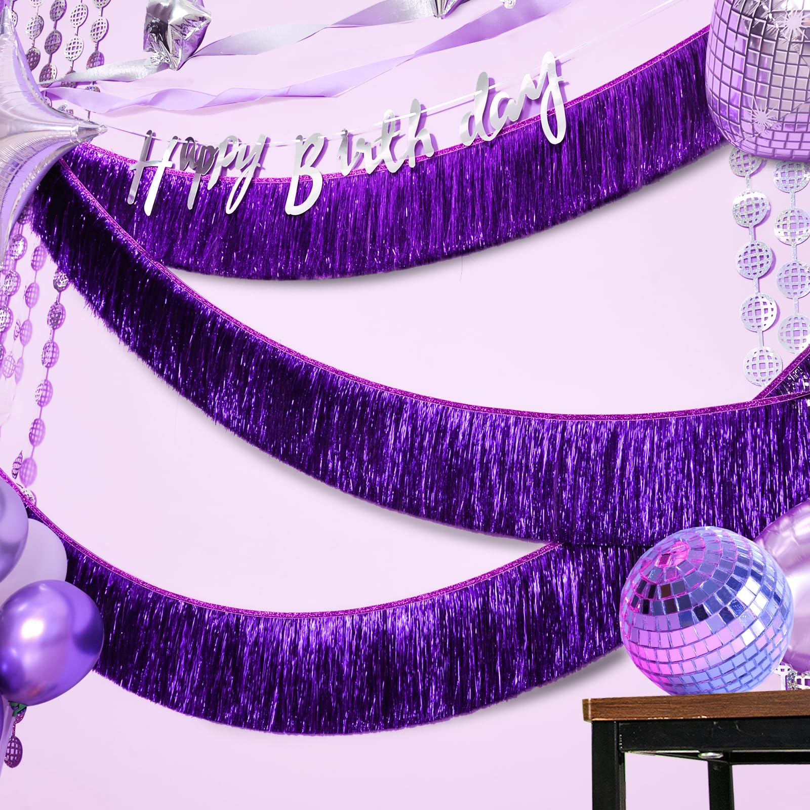 C&B Purple Fringe Banner for Party Decorations,6.07 Ft Hanging Fringe Tinsel Garland, Metallic Foil Purple Streamer Photo Backdrop for The 70s & 80s Last Disco Bachelorette Party, Birthday Party Decor