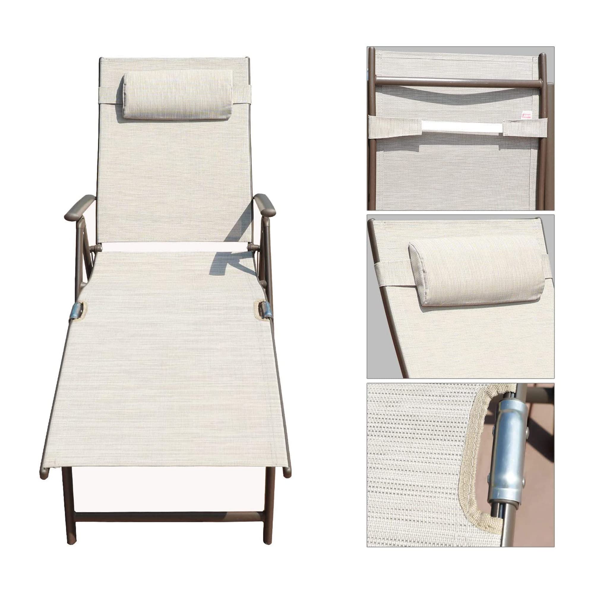 GOLDSUN Aluminum Outdoor Folding Reclining Adjustable Patio Chaise Lounge Chair with Pillow for Poolside Backyard and Beach Set of 2, Set of Two, Beige