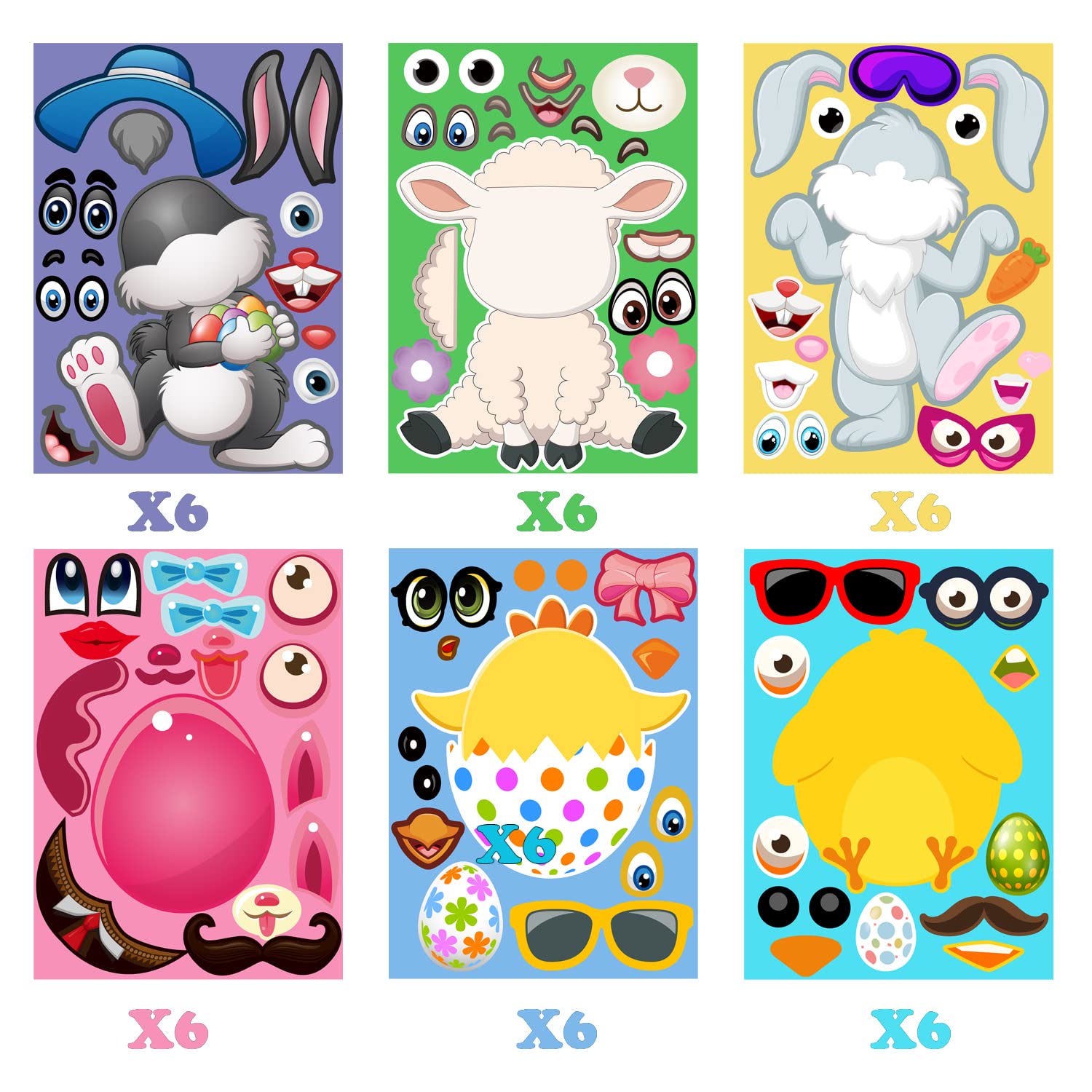 ROCWOHO 36 PCS Mix and Match Make Your Own Stickers with Easter Egg, Bunny, Chicken, Sheep, Easter Decorations Party Favor Supplies Game Birthday School Classroom Supplies DIY Art Crafts for Kids