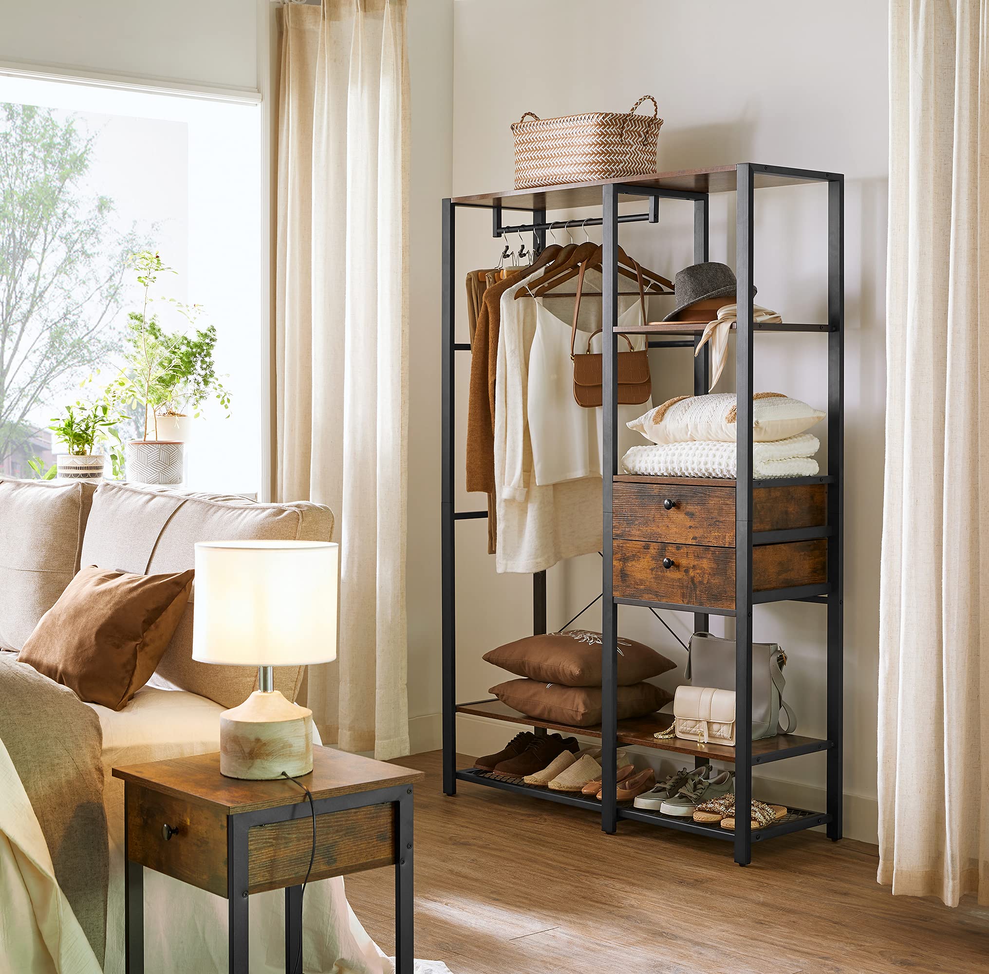 VASAGLE Free Standing Closet Organizer, Clothes Rack, Closet Organizer and Storage Shelves, Hanging Rod, 2 Drawers, Industrial Style, Rustic Brown and Black URGR001B01