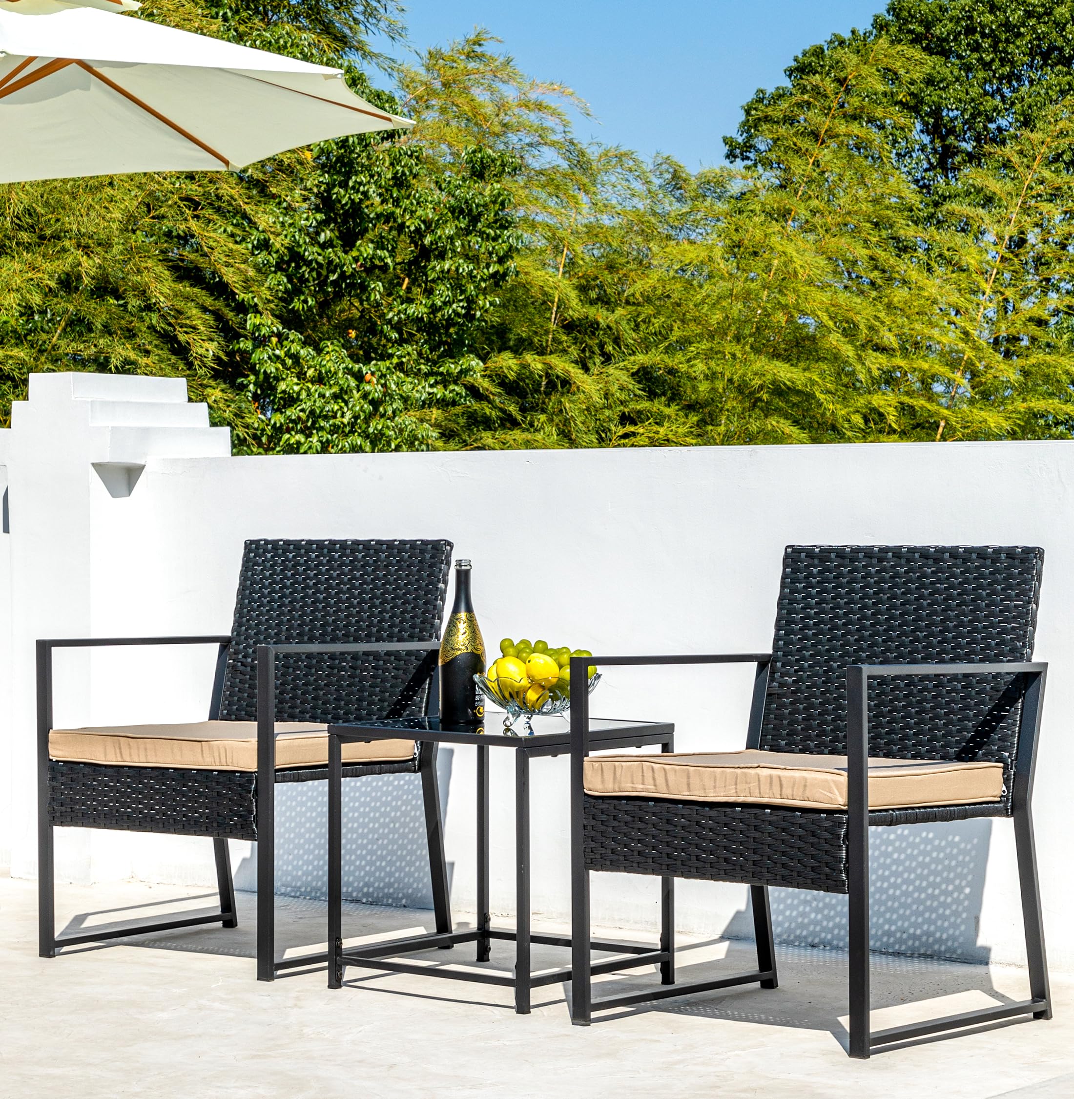 Aug-guan Patio Furniture Set,Wicker Bistro Set 3 Pieces Outdoor Furniture,Rattan Table and Patio Chairs Set for Balcony,Yard,Porch and Deck(Khaki