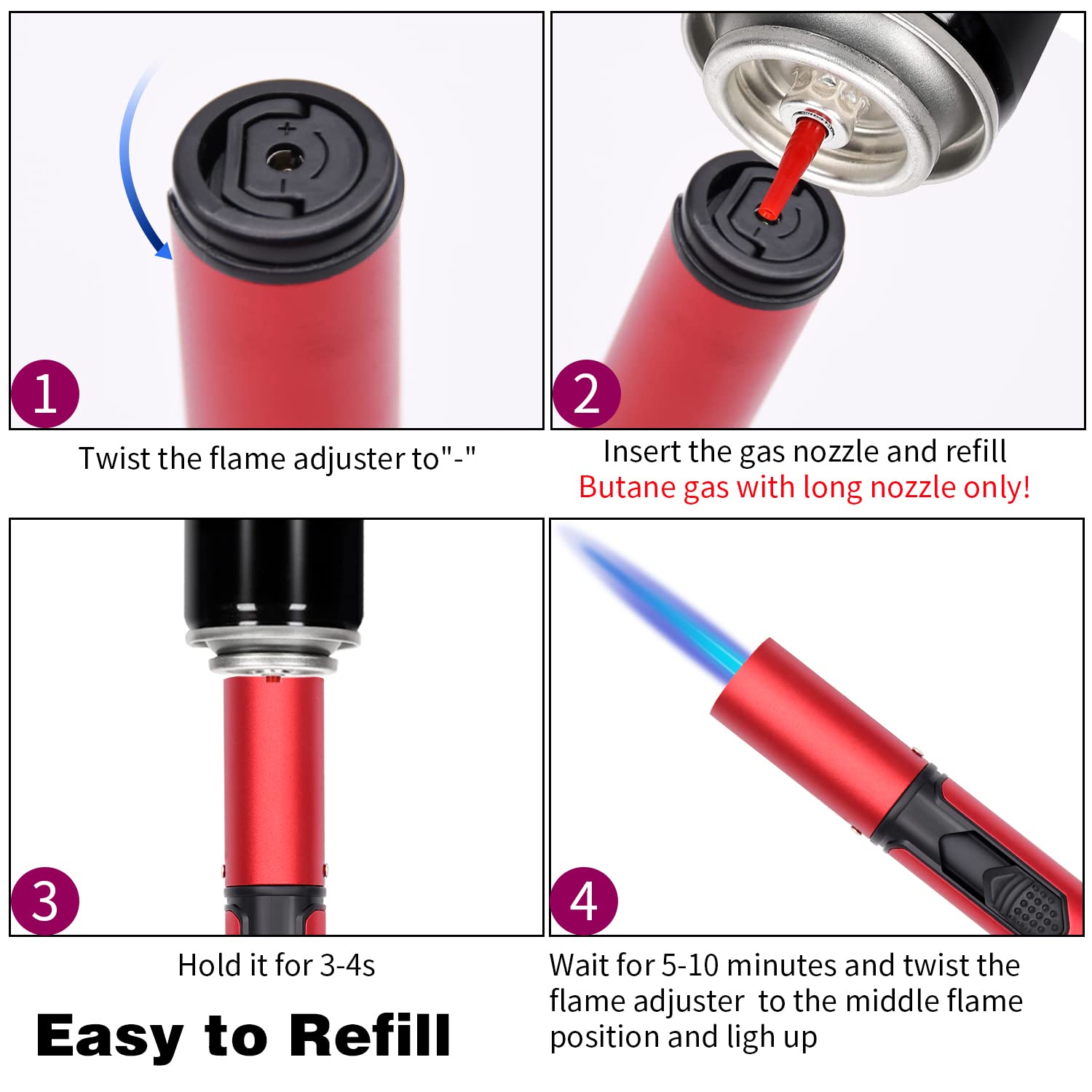 Butane Torch Lighter, 5 Pack/ 10 Pack 6in Refillable Torch Lighter, Windproof Butane Lighter, Adjustable Jet Flame Pen Torch, Pen Lighter for Grill Stove BBQ Candlek Camping(5pcs, Gas Not Included)