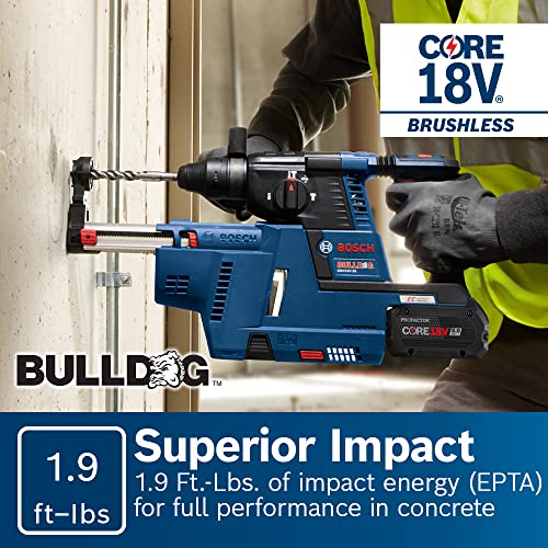 BOSCH GBH18V-26K24AGDE Brushless SDS-plus Bulldog 1 In. Rotary Hammer Kit with Dust-Collection Attachment and (2) CORE18V 8.0 Ah PROFACTOR Performance Batteries