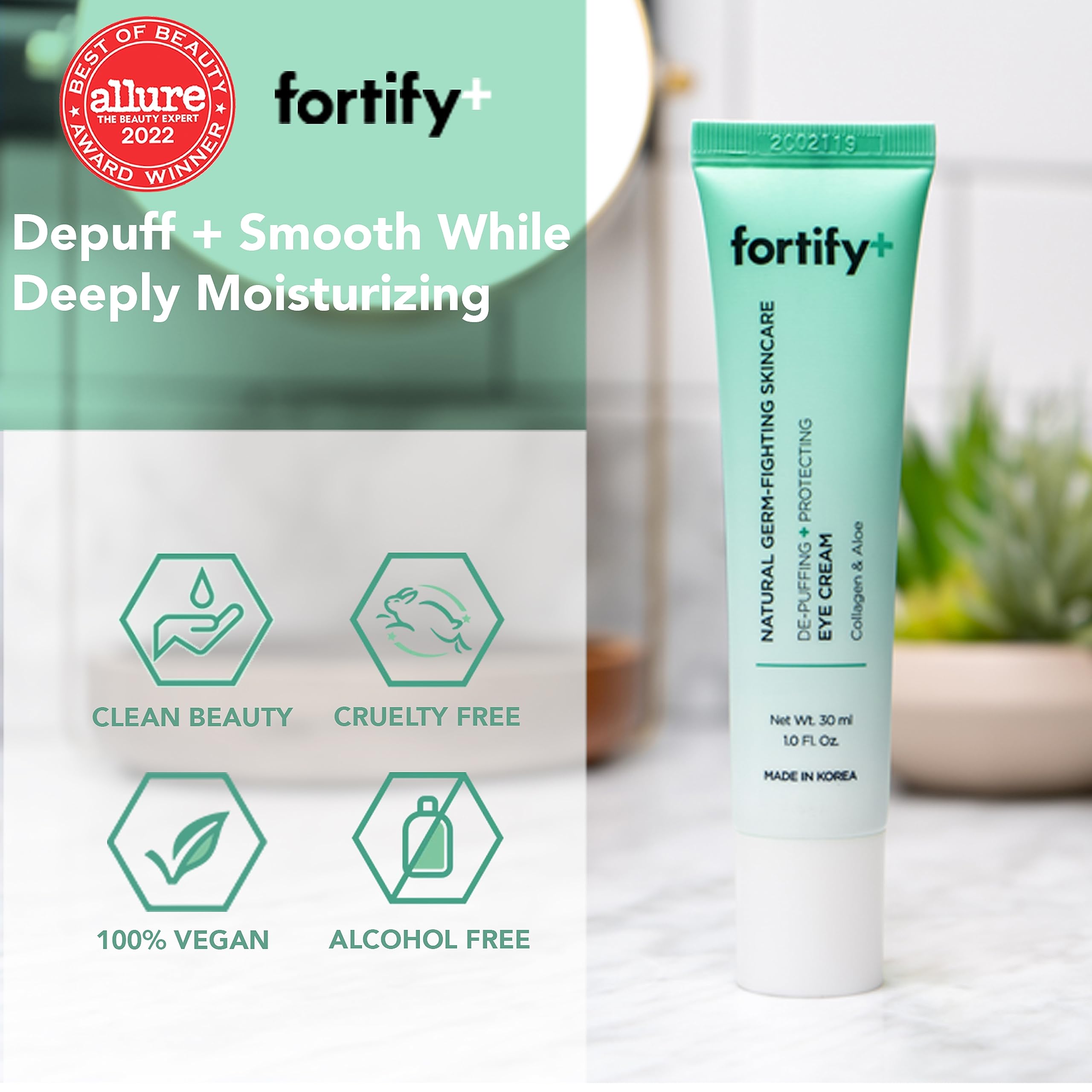 Fortify 9-in-1 Natural Skincare - Eye Cream - De-Puffing + Protecting | Helps Protect, Hydrate, & Refresh | Clean Beauty | Made in Korea - 30ML