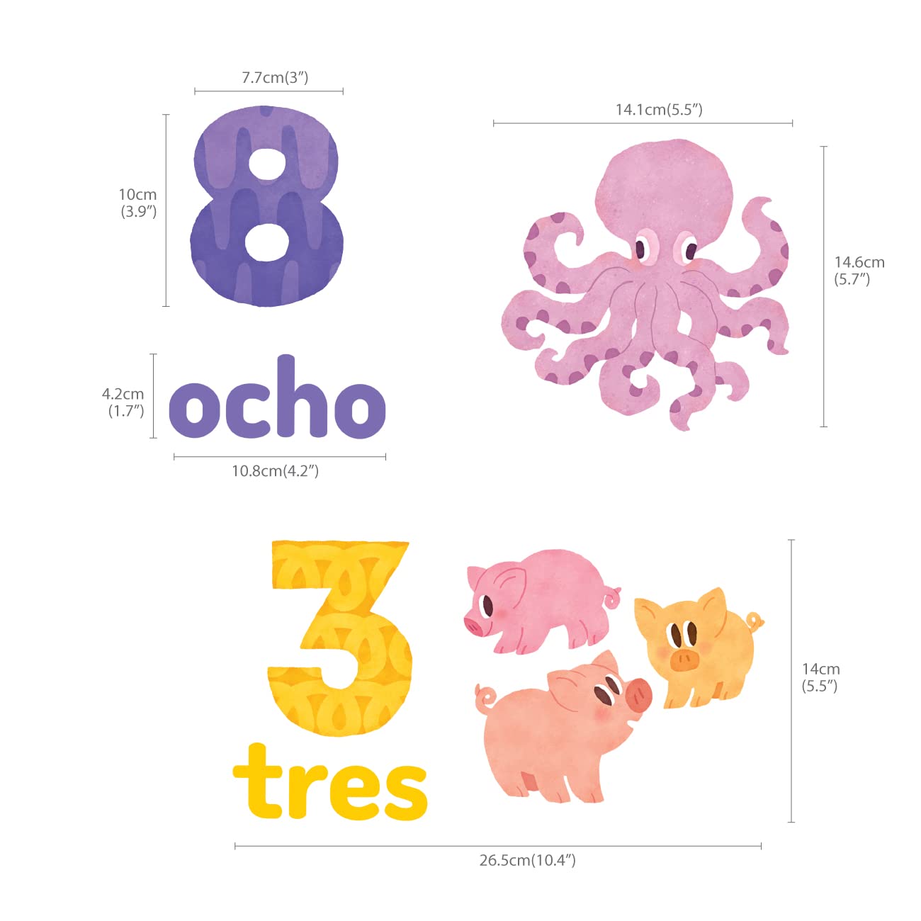 DECOWALL DS-2020ES Numbers Spanish + English Wall Decals Stickers Peel and Stick Removable Wall Stickers for Kids Nursery Bedroom Living Room