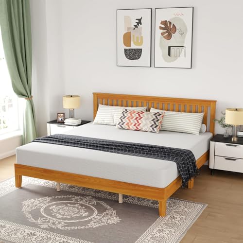 BORGEBY Wood Platform Bed Frame with Wood Headboard, Wooden Bed Frames,King Bed Frame Wood Slats Support, Solid Wood Foundation, No Box Spring Needed, Easy Assembly, Brown