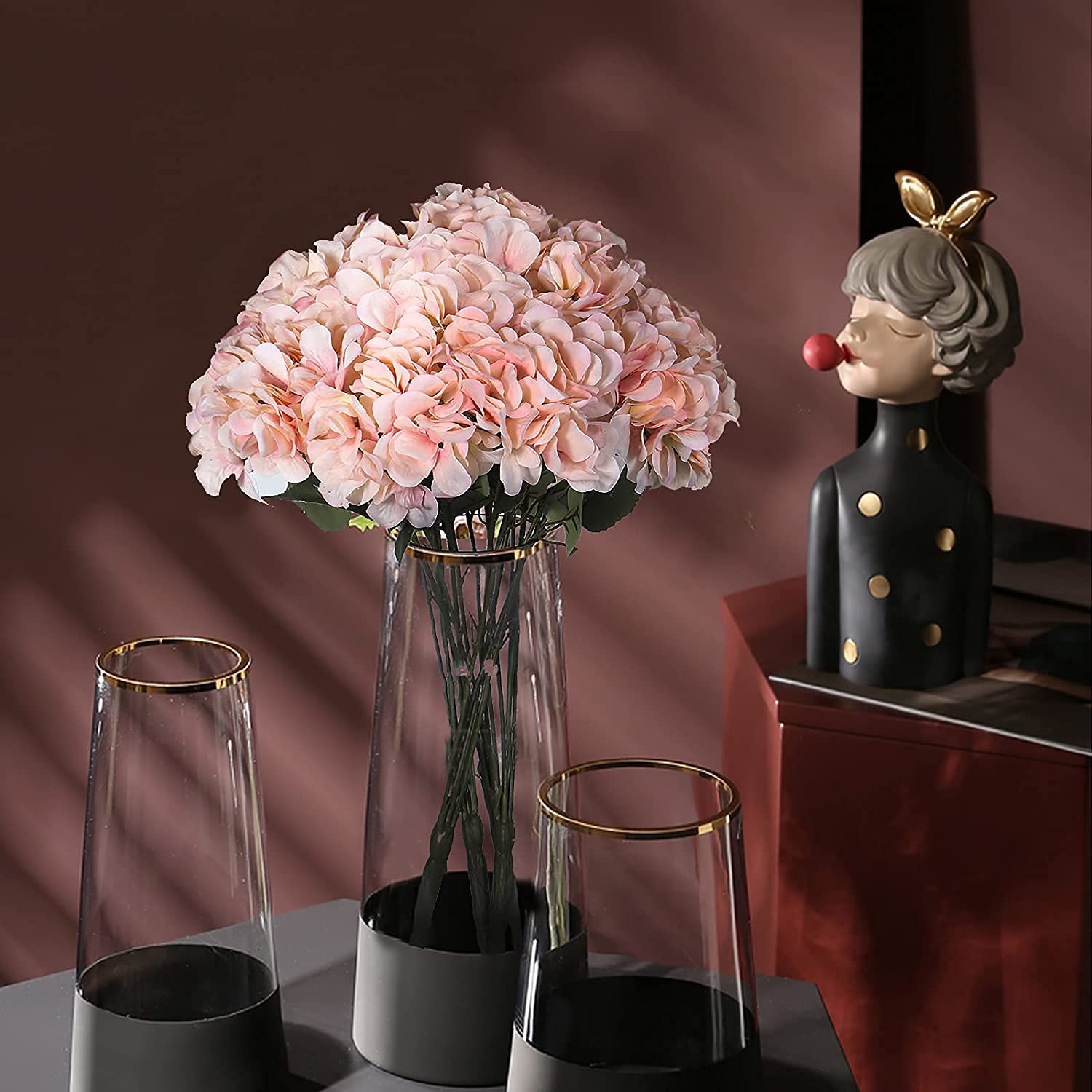 Blooming Paradise Artificial Fake 5Flowers Plants Silk Hydrangea Arrangements Wedding Bouquets Decorations Plastic Floral Table Centerpieces Home Kitchen Garden Party Festival Bar DIY (Light Pink)