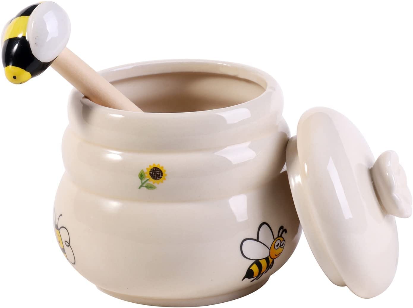 Ceramic Honey Jar with Wooden Honey Dipper-Honey Pot with Dipper- Honey Jar with Stand, Great Bee Decor- Farmhouse Kitchen Decor