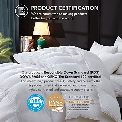 Luxurious Full/Queen Size Goose Down Feather Fiber Comforter Duvet Insert, Ultra-Soft 100% Egyptian Cotton Cover, 60 oz. Fill Weight, All-Season White Solid Comforter