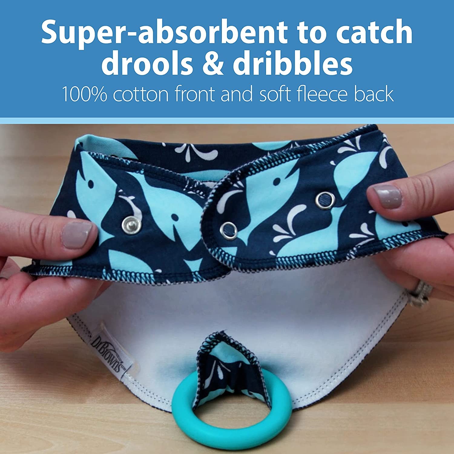 Dr. Brown's Super Soft Bandana Bibs with Two Snap-On Teethers, 3m+, 4-Pack, Dinosaurs/Blue Drops/Whales/Anchors