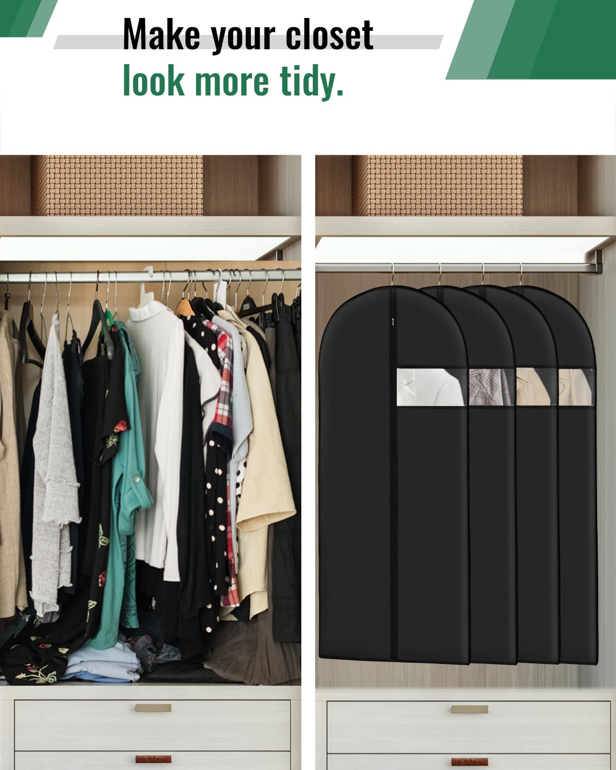 Garment Bags for Hanging Clothes (8 packs,43 inches) Washable Black Suit Bags for Closet Storage and Travel with Clear Window