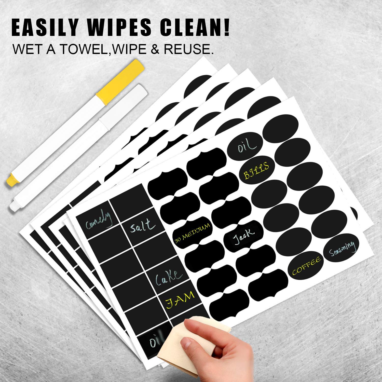 Chalkboard Labels 180 Premium Reusable Chalkboard Stickers, Pantry and Storage Stickers for Jars: Mason, Spice, Glass, Cups, Containers, Canisters. 2 Pack Erasable Chalk Marker (White/Yellow)