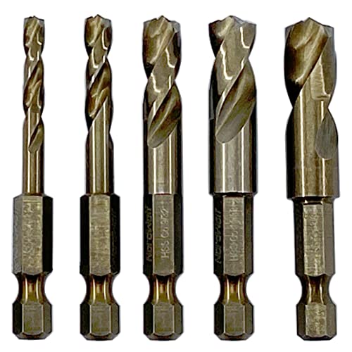 NordWolf 5-Piece M35 Cobalt Stubby Drill Bit Set for Stainless Steel & Hard Metals, with 1/4" Hex Shank for Quick Chucks & Impact Drivers, SAE Sizes 5/32"-13/64"-9/32"-11/32"-3/8" in Storage Box