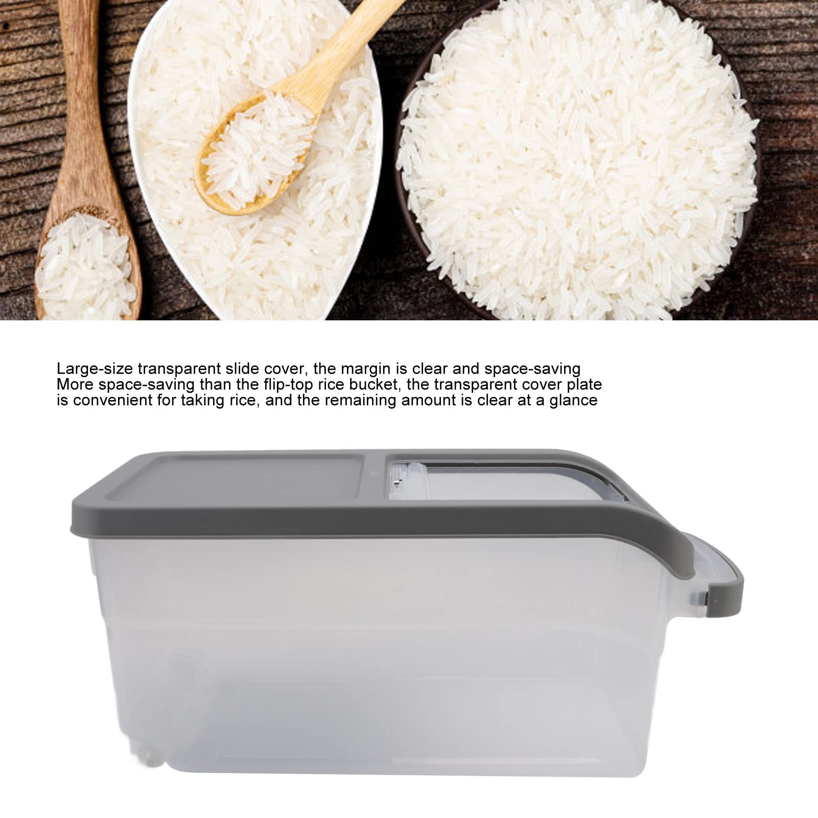 CHICIRIS Rice Storage Container, 22 pounds Transparent Rice Bin Cereal Dispenser Airtight Grain Holder with Measuring Cup and Wheels for Organization, 15.2 x 7.2 x 8.3 (Grey)