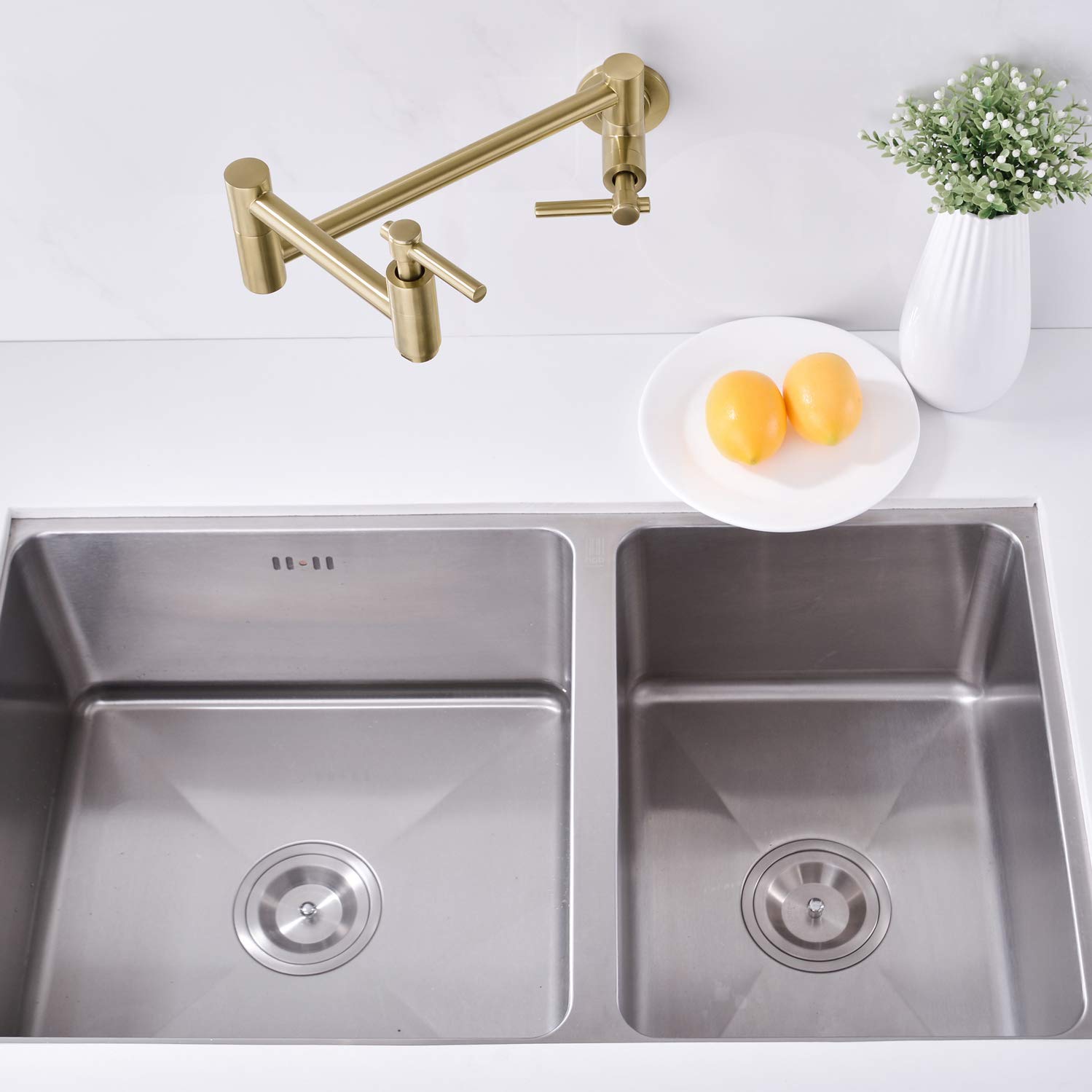 BZOOSIU Brushed Gold Pot Filler Faucet, Solid Brass Double Joint Swing Arms Folding Faucet, Single Hole Two Handles Wall Mount Kitchen Faucet
