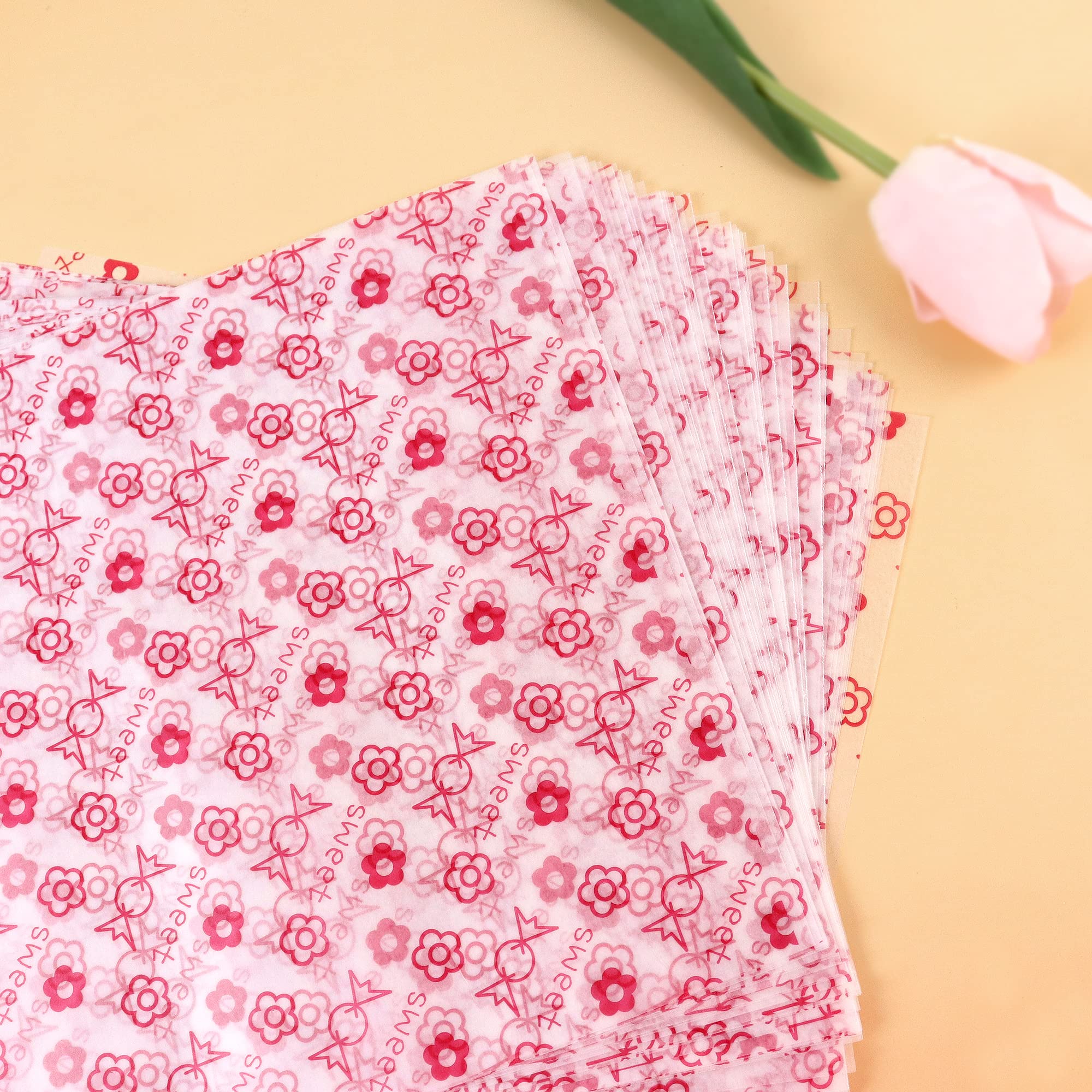 Cyodoos 150 Sheets Wax Paper Greaseproof Waterproof Wrapping Tissue Food Picnic Paper Dry Hamburger Paper Liners For Food Basket Liner (Candy Flower Pattern)
