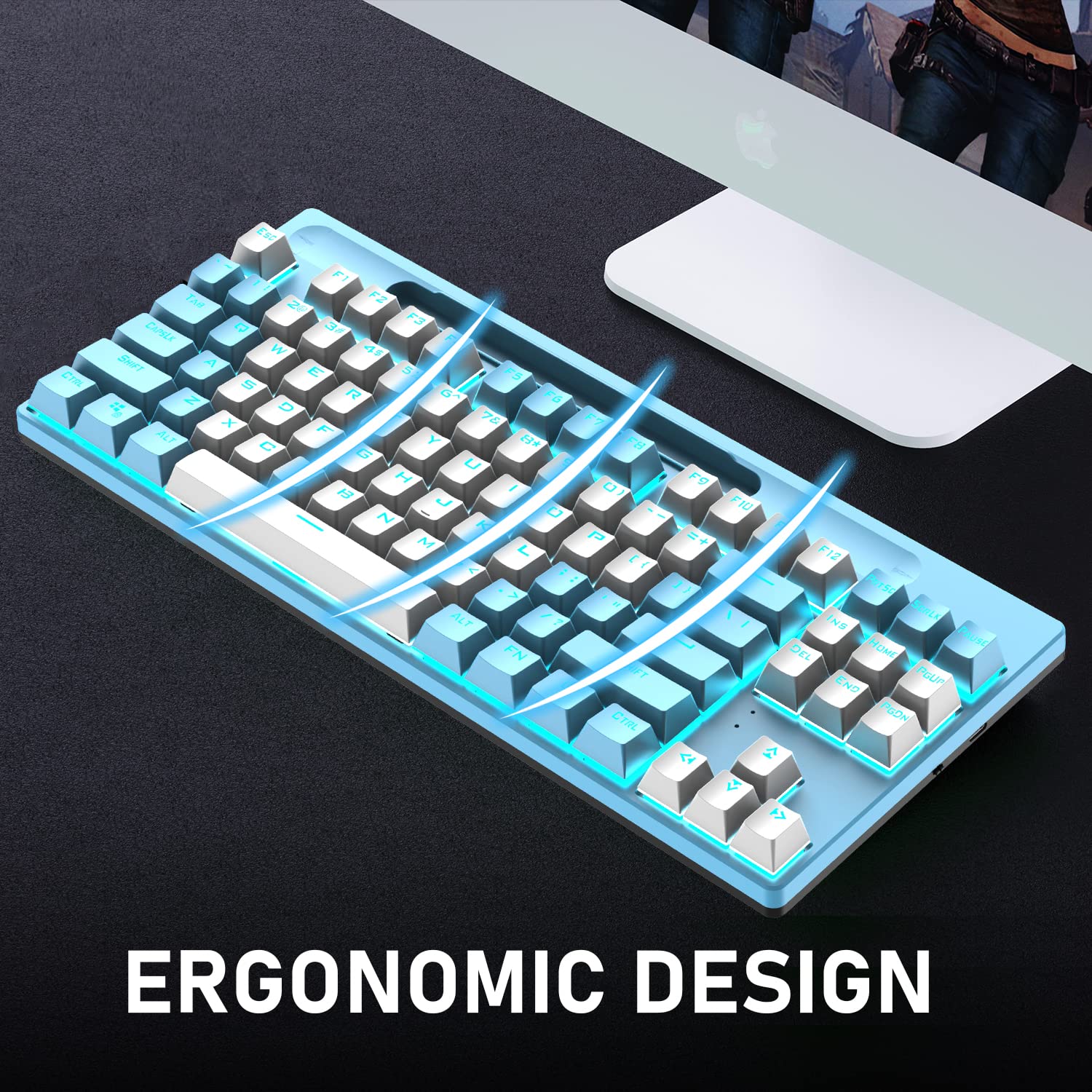 Bluetooth Mechanical Gaming Keyboard with LED Backlit 87 Anti-Ghosting Key Ergonomic Metal Plate Wired/Wireless 2.4Ghz USB Receiver Rechargeable 3300mAh Battery for PC Mac Gamer (Red Mix/Blue Switch)
