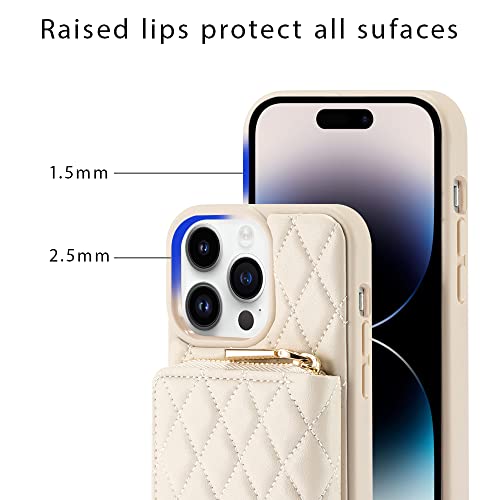 LAMEEKU iPhone 14 Pro Max Wallet Case with Card Holder & Crossbody Chain, RFID Shockproof, 6.7 Inch - Beige