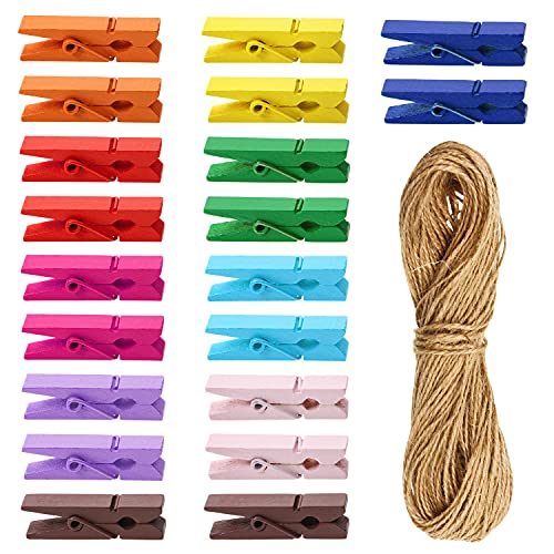 Penta Angel 120PCS Mini Bright Colored Spring Natural Wooden Clothespins Photo Paper Peg Pin Craft Clips with Twine