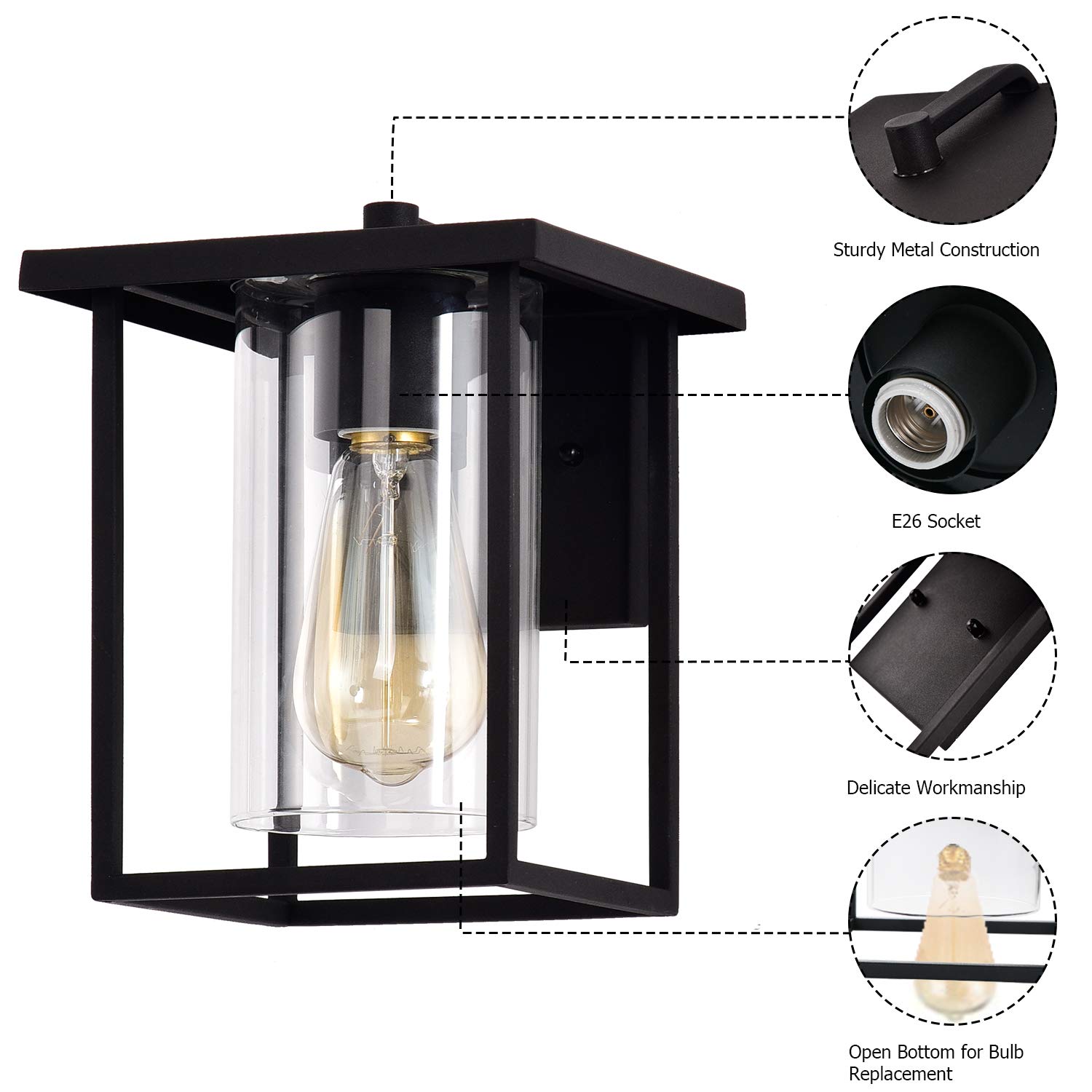 c cattleya Porch Light Outdoor Wall Lantern Sconce 1-Light Matte Black Armed Sconce with Clear Glass Shade for Exterior Patio Garage Garden Hallway