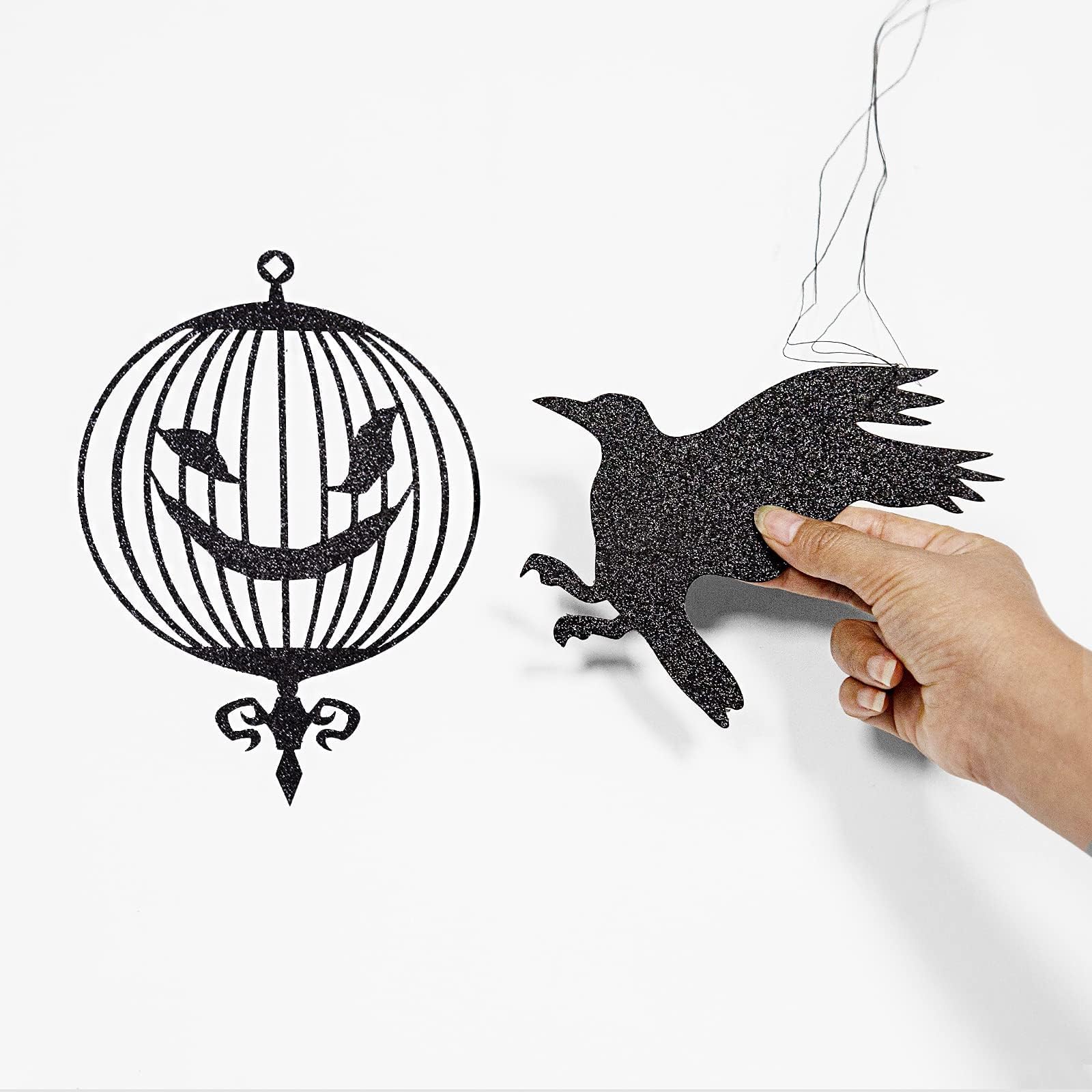 Cheerland Glitter Black Crow Cage Decorations for Gothic Halloween Stickers Decals Tree Hanging Decorations Raven Bird and Cage Banner Garland Backdrop for Horror Theme Birthday Party Supplies