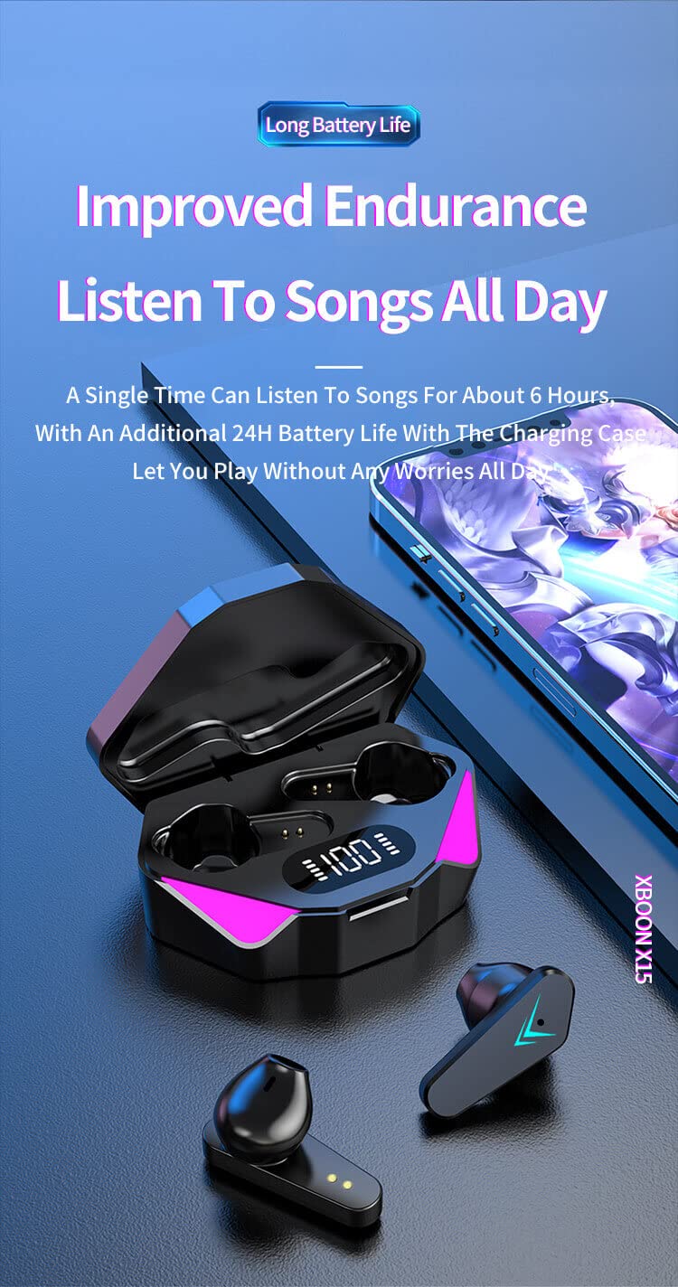 Bluetoth Headphones 50H Playback Wireless Gaming Earbuds with Charging Case Waterproof Earphones in-Ear Headsets with Microphone for Android iOS Laptop TV Smart Phone Computer Sport X15, Black