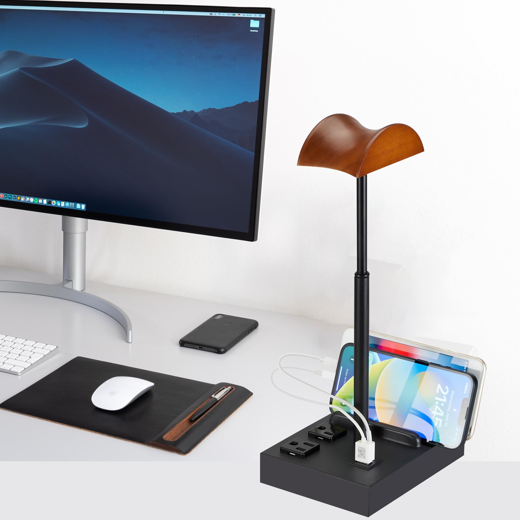 CASTLELIFE Headphone Stand Desktop Gaming Headset Holder with 2 AC Outlets and USB C&A Ports, Charging Station&Phone Stands, Height Adjustable Wood Earphone Table Game Accessories for Desktop Gamer