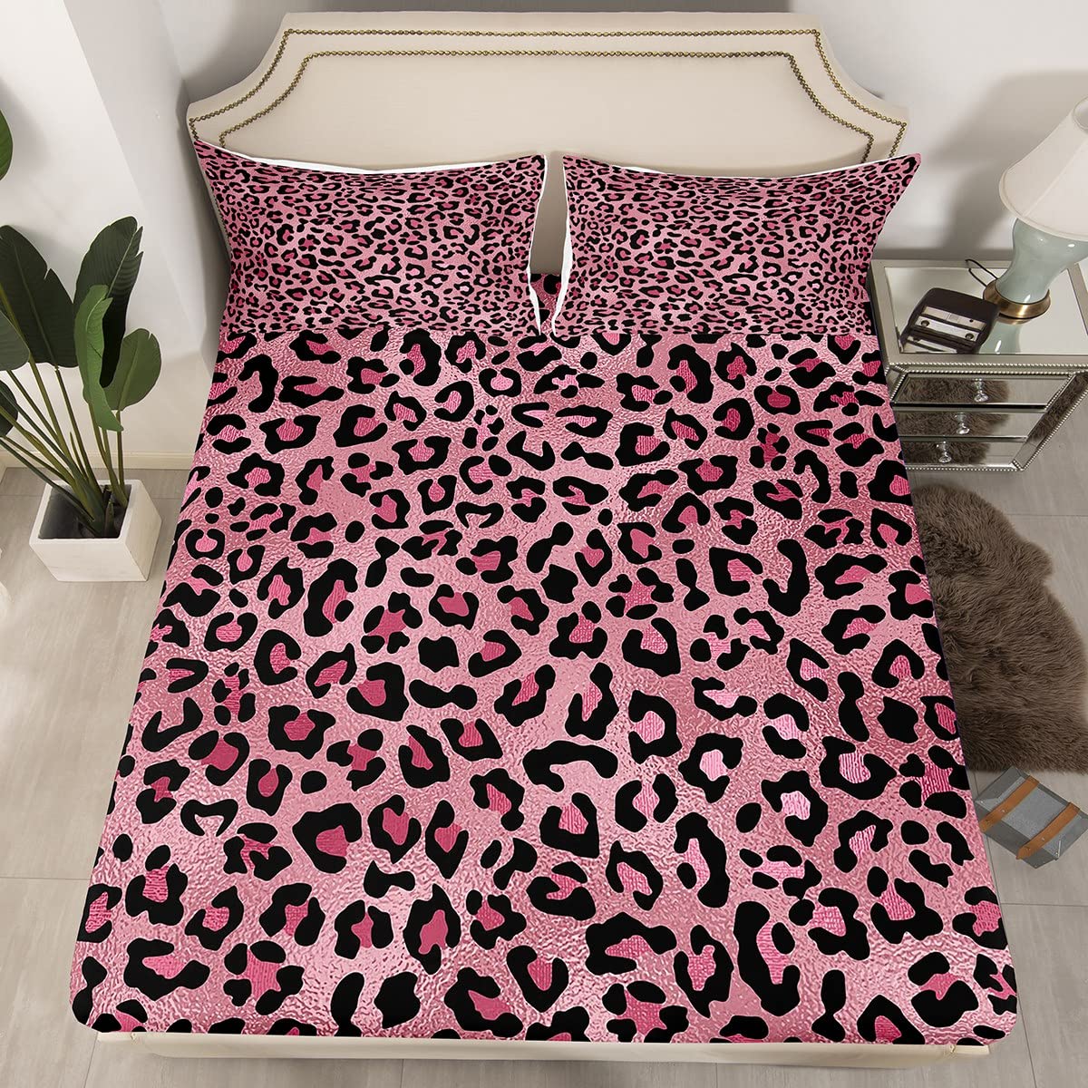 Pink Leopard Print Sheet Set Twin,Cheetah Bedding Set for Kids Teens Girls,Wild Animal Skin Texture Romantic Fashion Bed Sheet Set 3pcs with Deep Pocket Fitted Sheet + Flat Sheet + 1 Pillowcase
