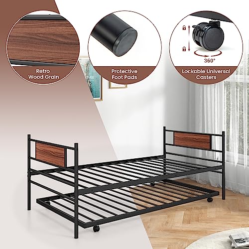 Giantex Metal Daybed with Trundle, Twin Size Day Bed with Wood Grain Headboard & Metal Slat Support, Space-Saving Trundle Sofa Bed for Living Room Guest Room, Easy Assembly, No Box Spring Needed