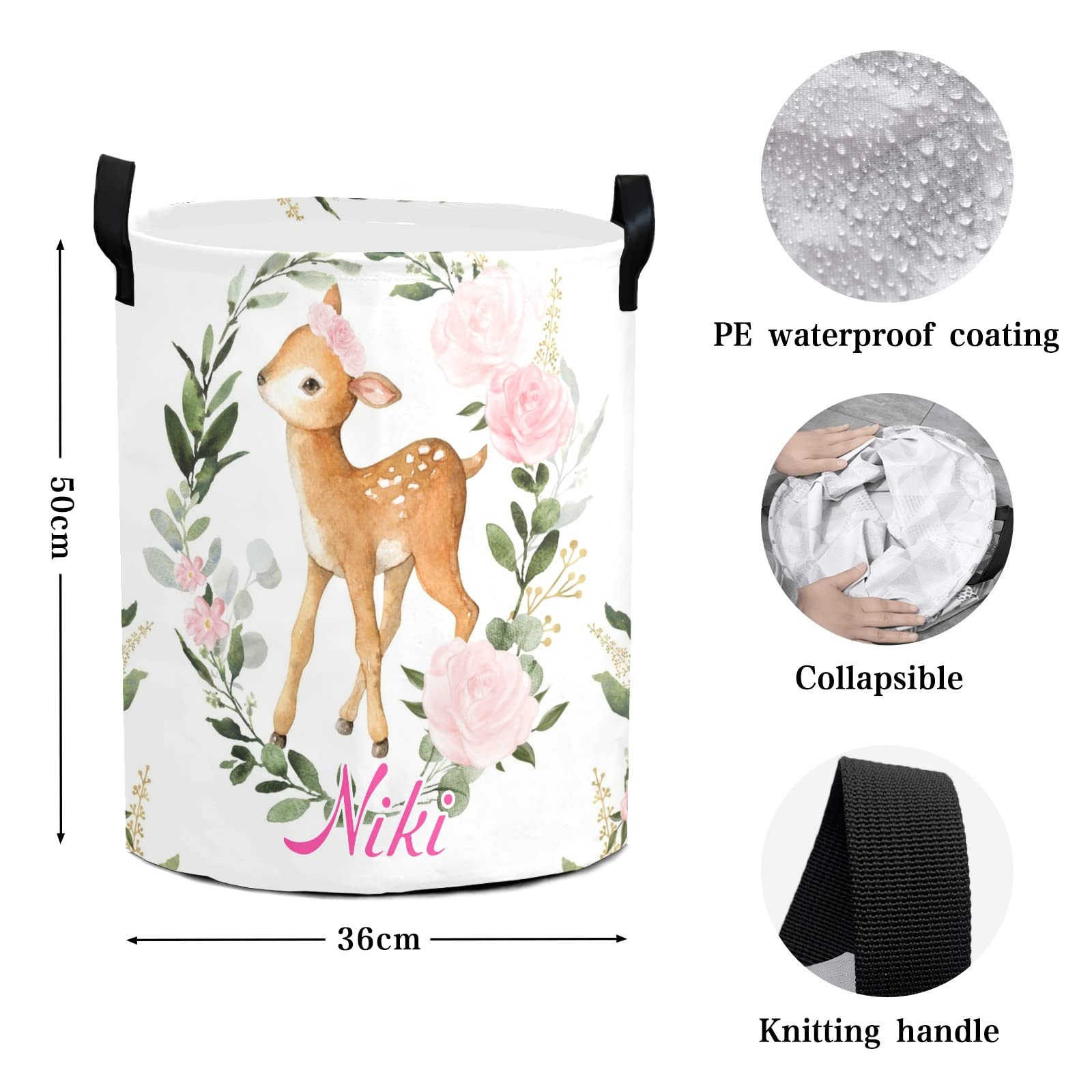 Deer Pink Floral Roses Laundry Basket Personalized with Name Laundry Hamper with Handle Clothes Bag Bin for Bedroom Baskets