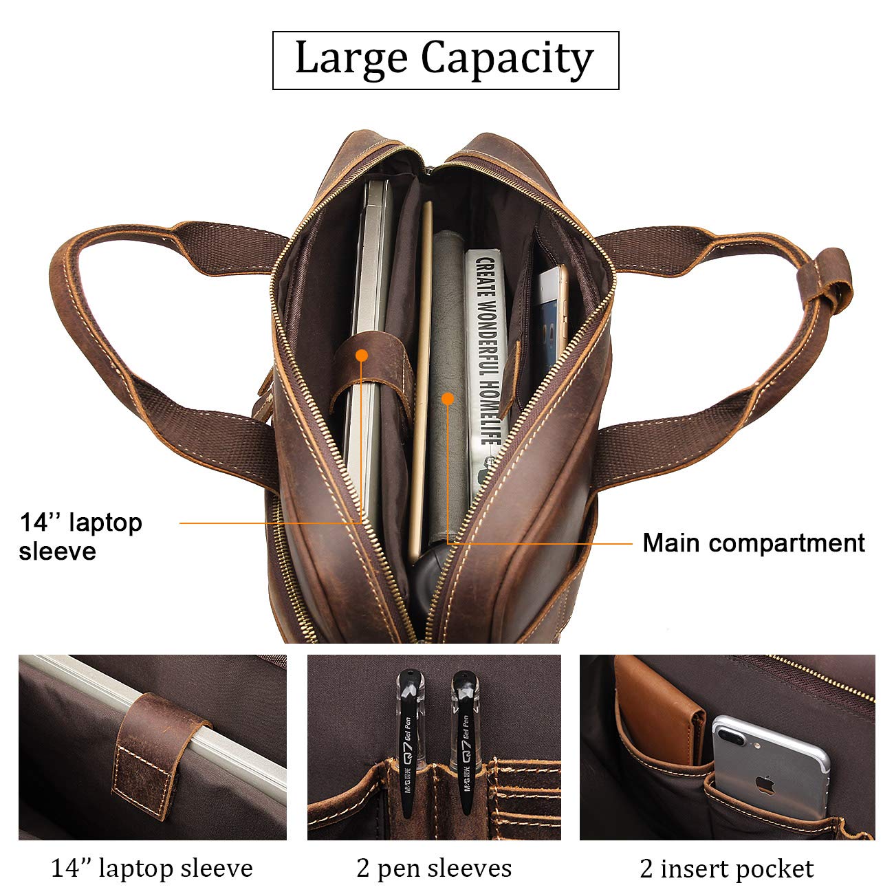 Augus Leather Messenger Bag for Men Vintage Travel Backpack 15.6 inch laptop Briefcase Shoulder Bags With YKK Metal Zipper