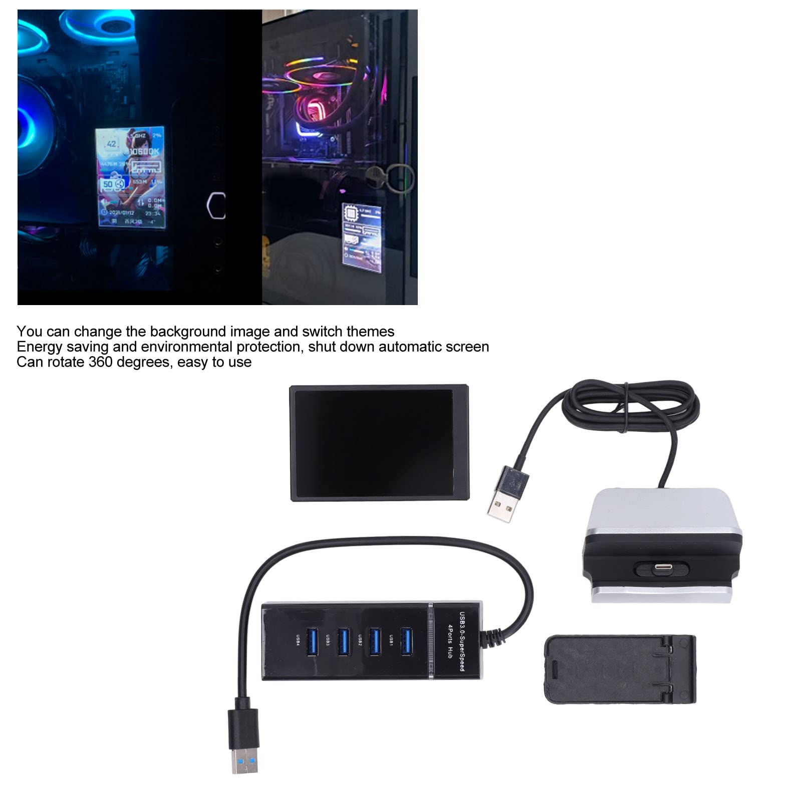 CUEI Portable Monitor for Laptop, 3.5in 360°Rotation Stepless Brightness Adjustment Auto Screen Off Laptop Screen Extender