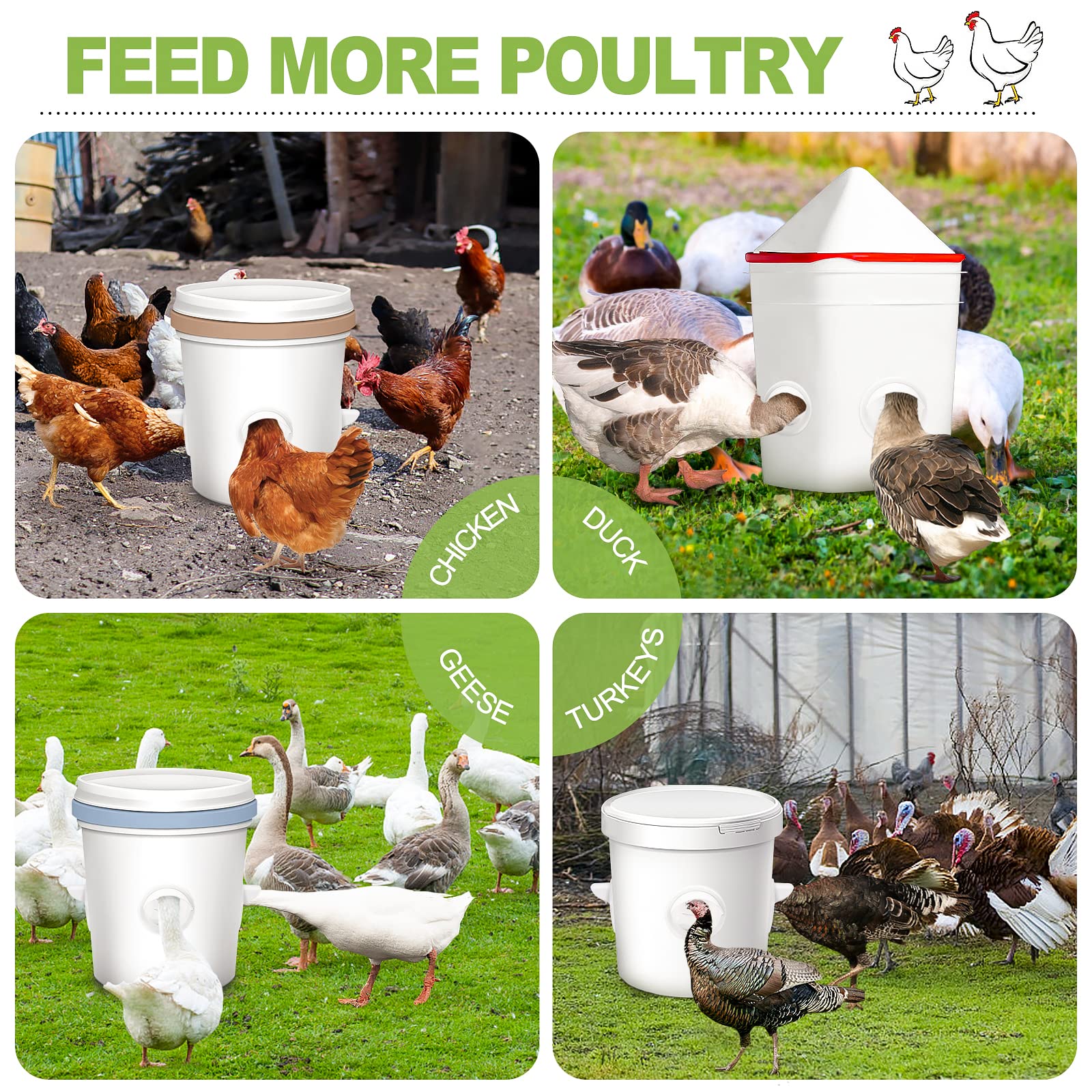 Chicken-Feeder,Chicken-Feeders-no-Waste,Chicken-Feeder-Port, Automatic Poultry Feeder Kit for Buckets, Barrels, Bins. (No Bucket), 6 Ports and a Holesaw Included