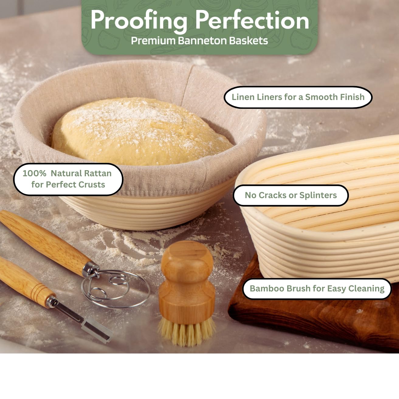 Complete Sourdough Starter Kit, Sourdough Bread Baking Supplies with Kitchen Scale, 9" Round & 10" Oval Banneton Proofing Baskets, Glass Starter Jar, Bread Lame, Danish Whisk & More.