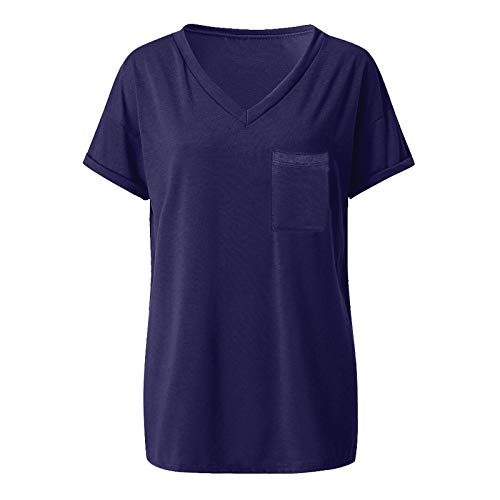 Iusun Women Short Sleeve T-Shirts Casual V-Neck Pocket Ruffled Loose Solid Color Tee Tops Tunic Tank Vest Blouse
